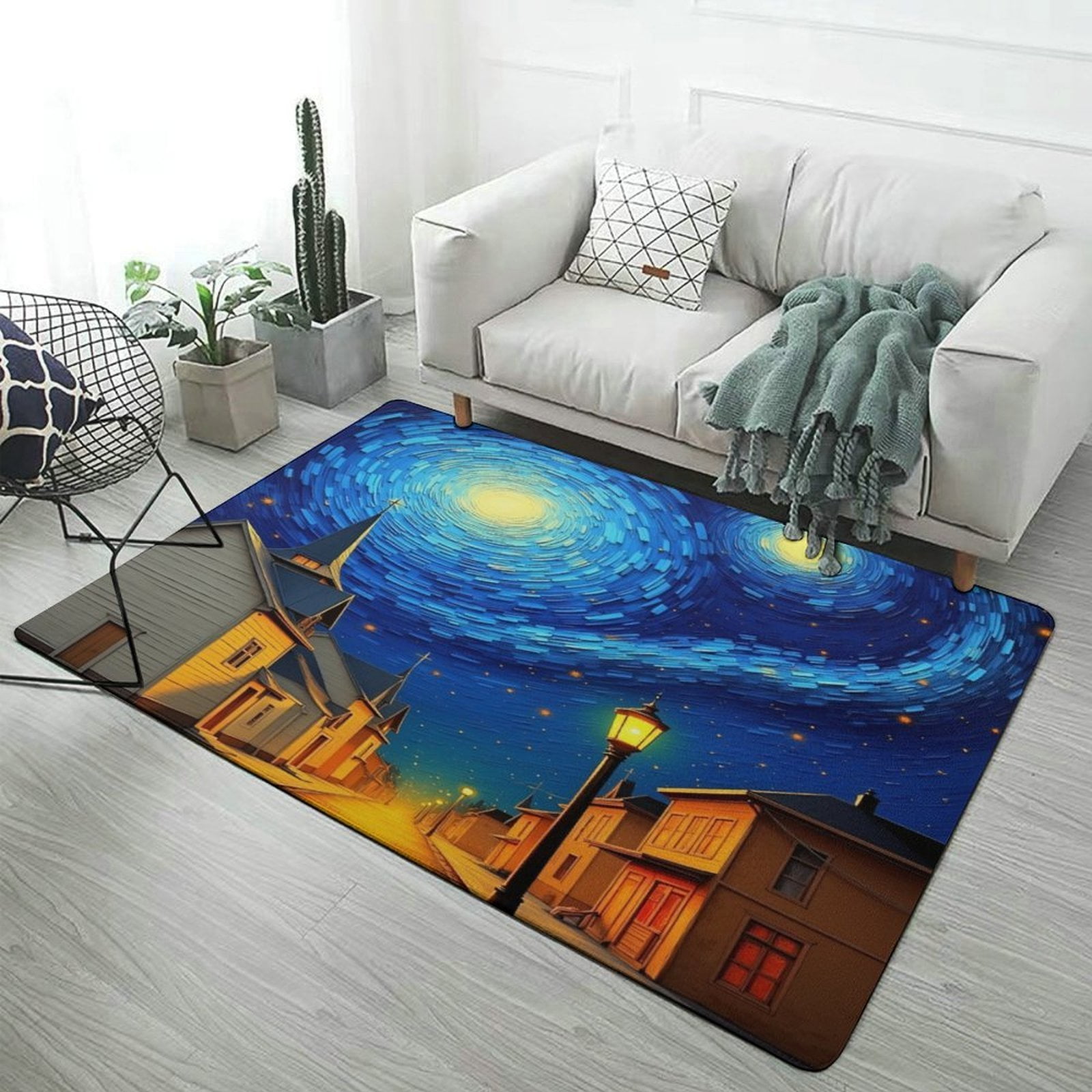 Starry Night Townscape Carpet Style Living Room Bedroom Rug Soft Carpet ...