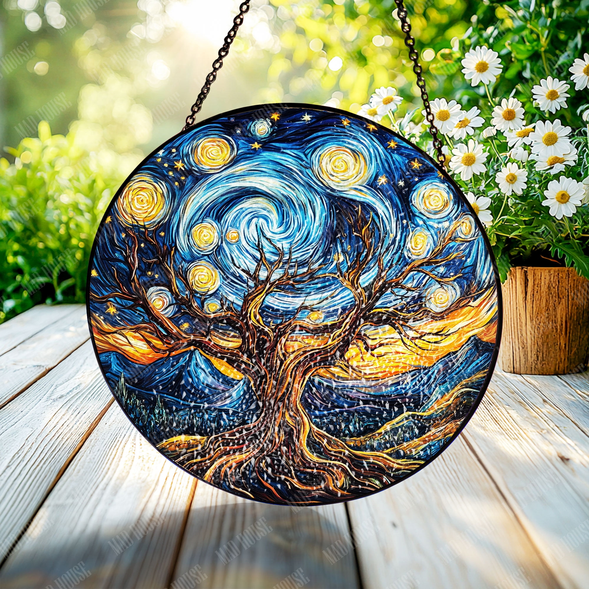 Starry Night Tree Stained Glass Window Hanging, Van Gogh Inspired ...