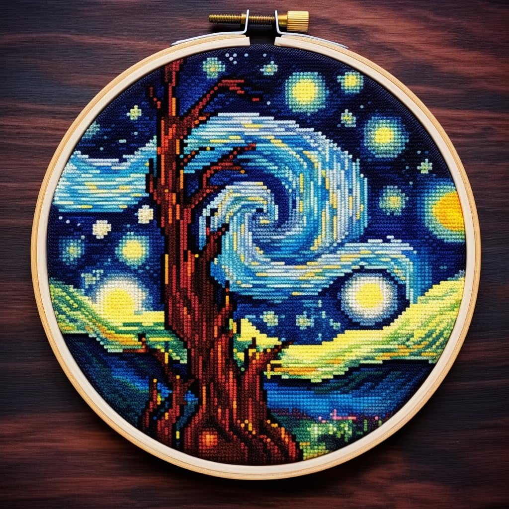 Starry Night Tree Stamped Cross Stitch Kits for Beginners Easy with ...