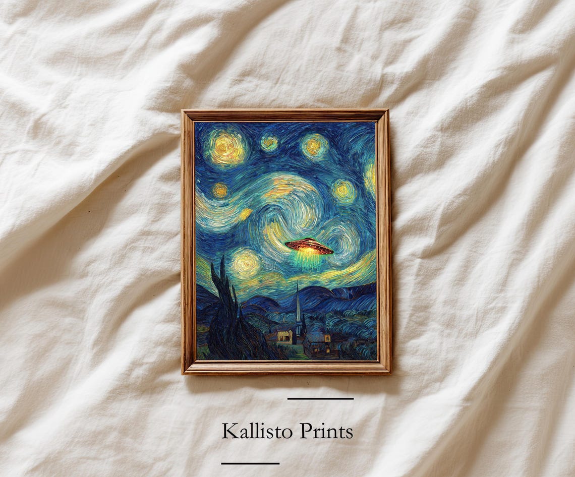 Starry Night UFO Print Poster Wall Art Sci Fi Alien Spaceship in Van ...