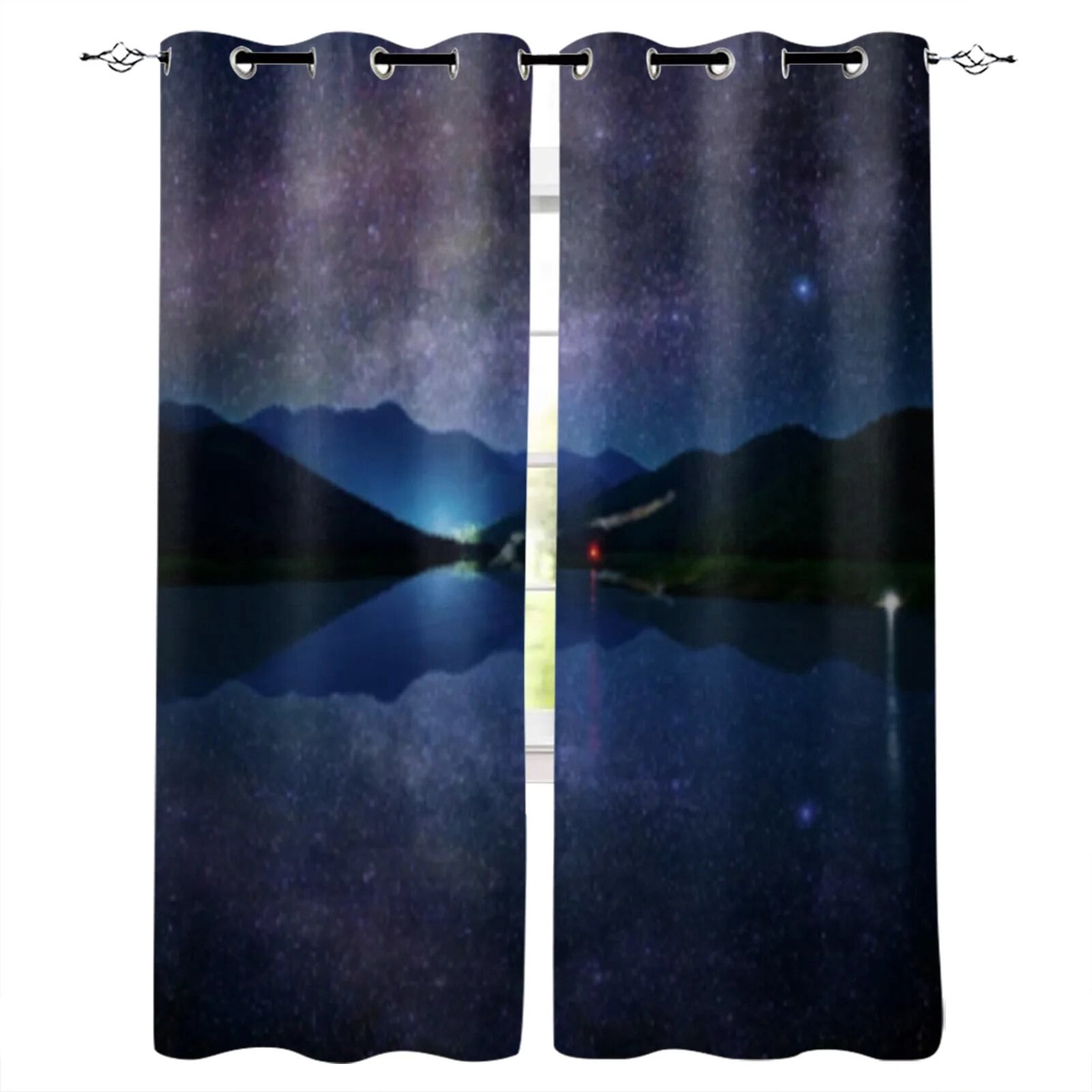 Starry Night View Mountain Lake Curtains for Bedroom Window Curtain ...