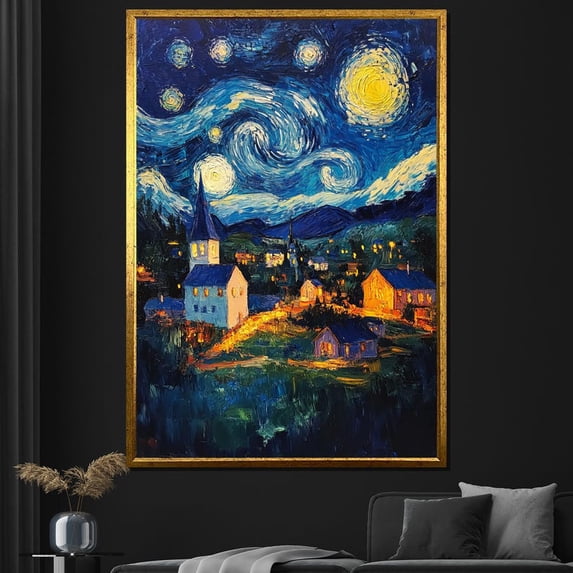 Starry Night Village Canvas Painting Scenic Wall Art for Home Decor and ...