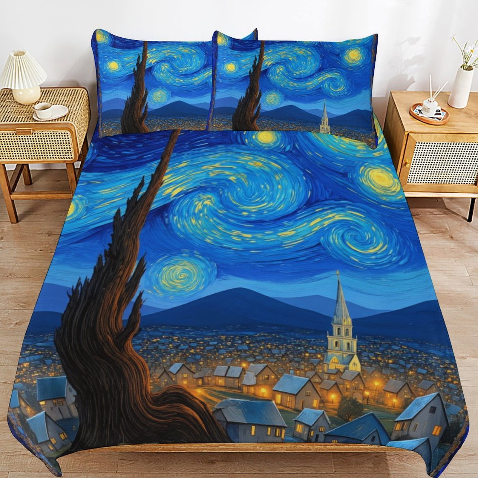 Starry Night Village Scene-2 3D Duvet Cover 3pcs Set Bedding Set ...