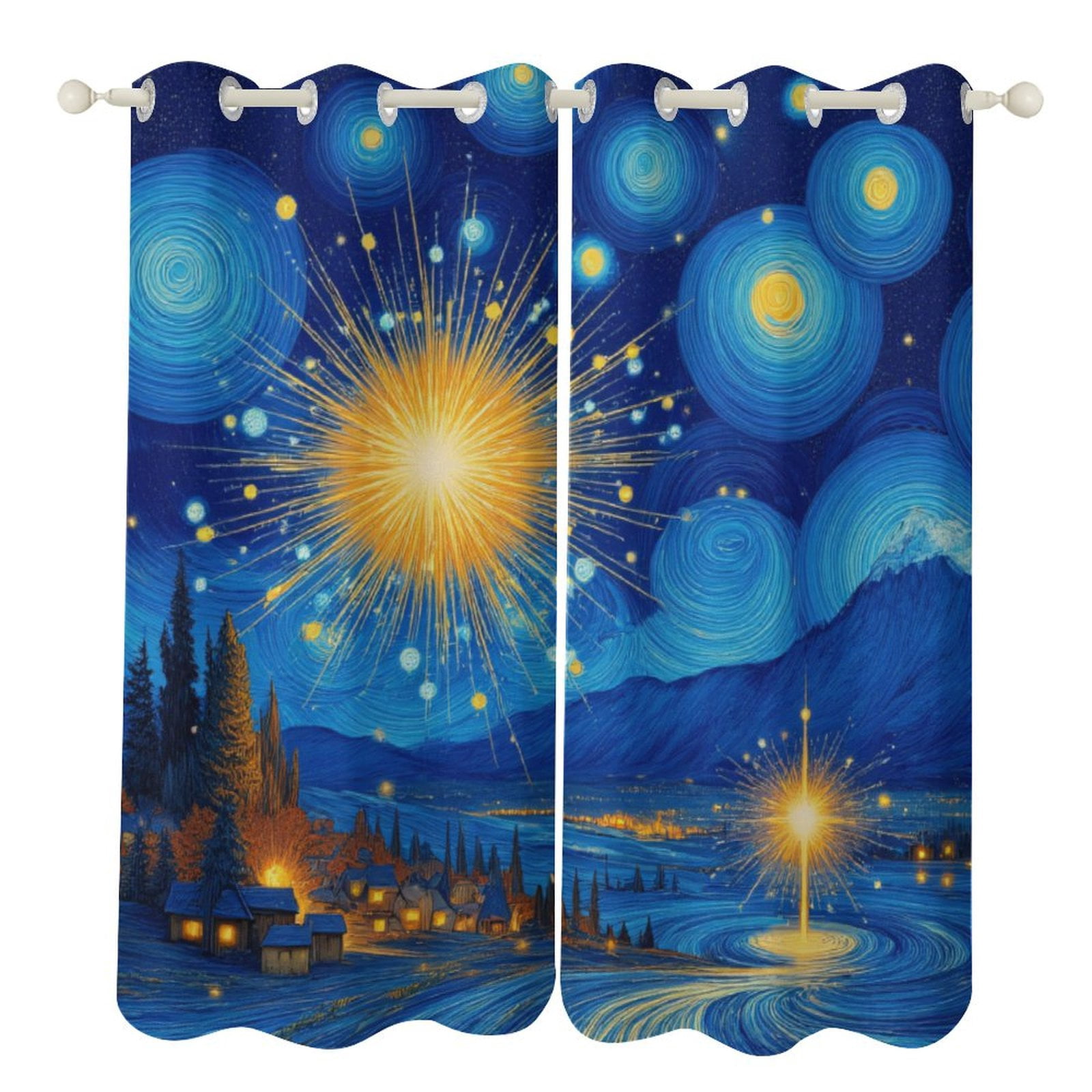 Starry Night Village Scene Blackout Window Curtains for Bedroom Living ...