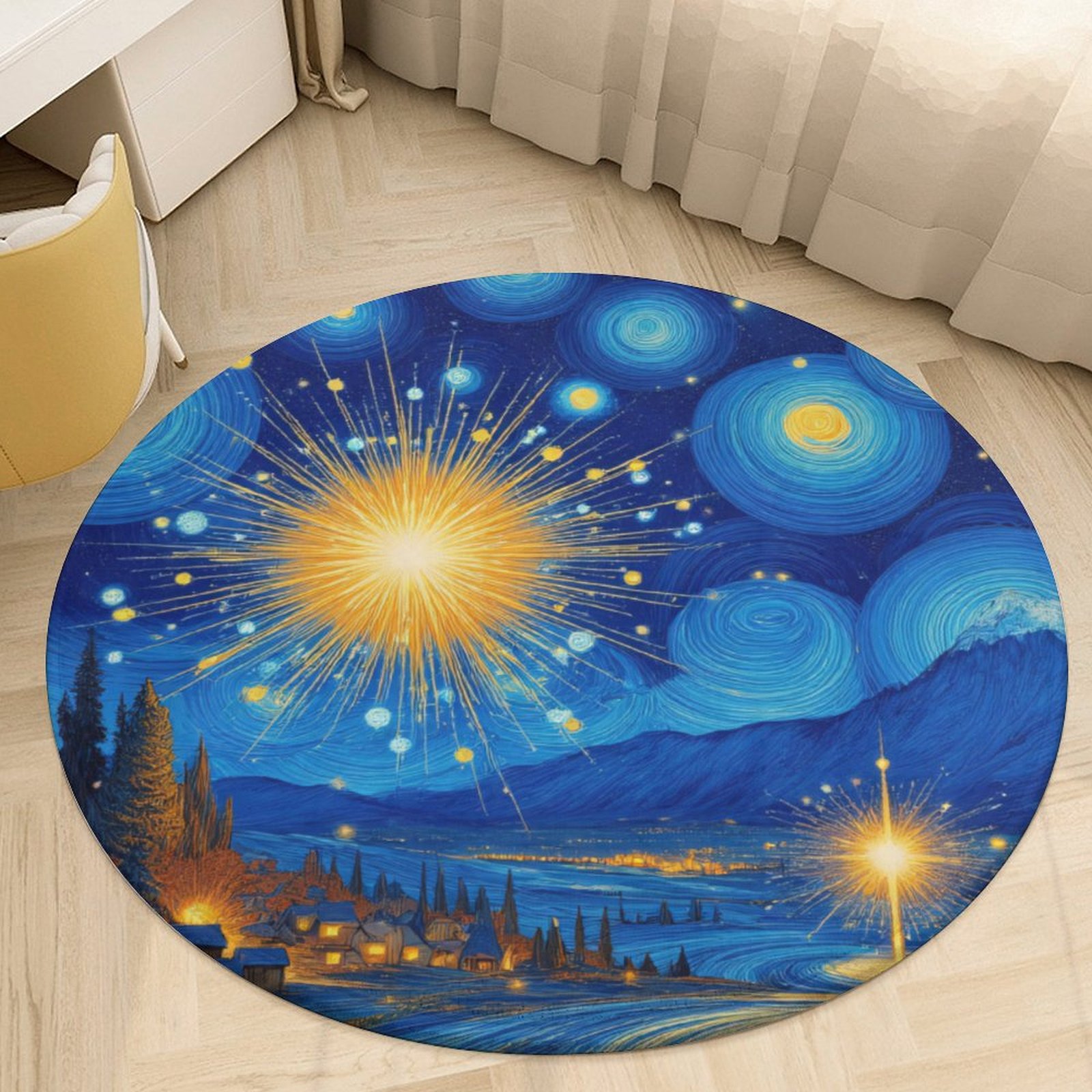 Starry Night Village Scene Round Area Rugs for Bedroom Living Room, 4FT ...