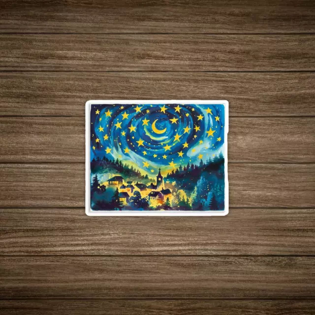 Starry Night Winter Village Sticker - Whimsical Celestial Watercolor ...
