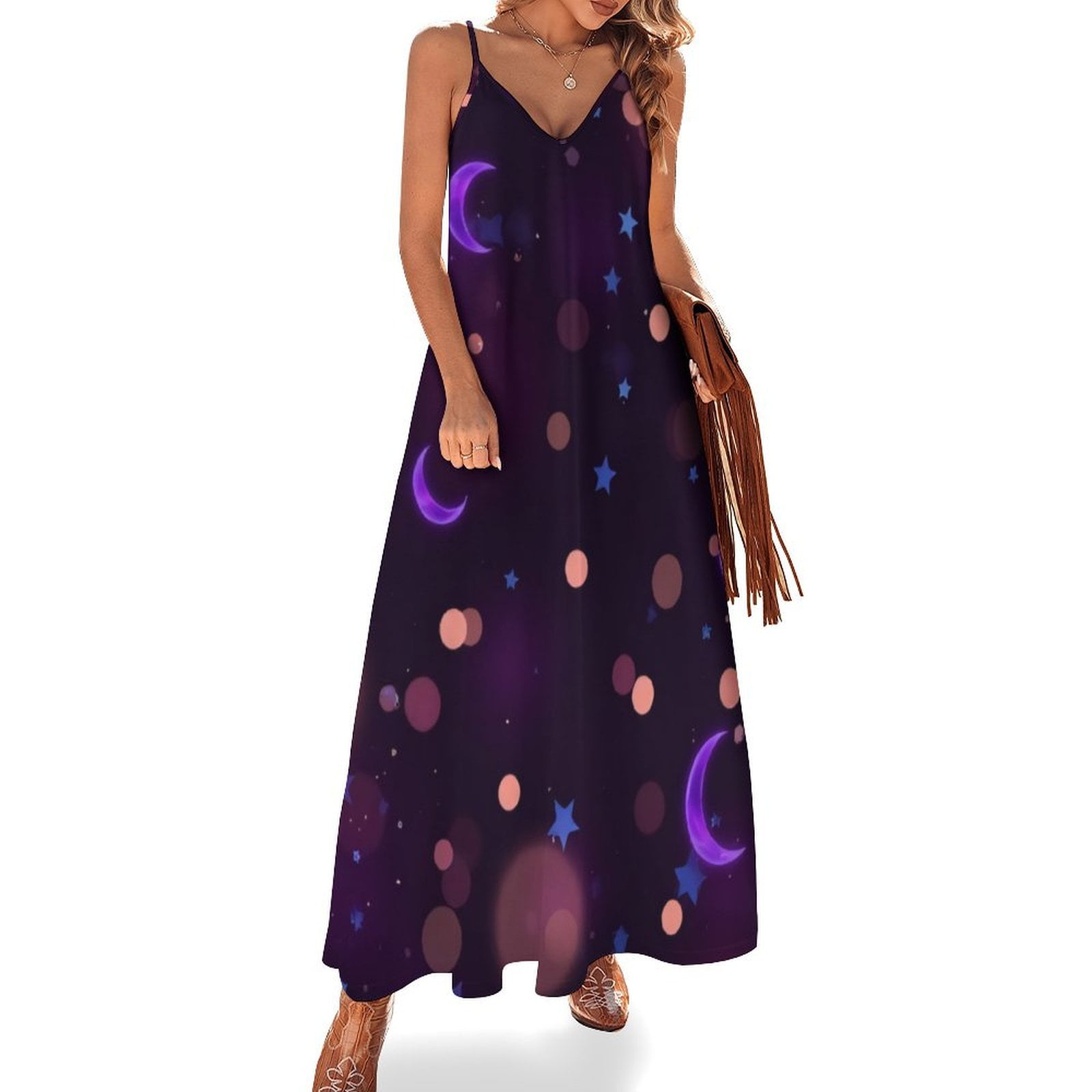 Starry Night with Moons And Lights Sleeveless Dress Women's Luxury ...
