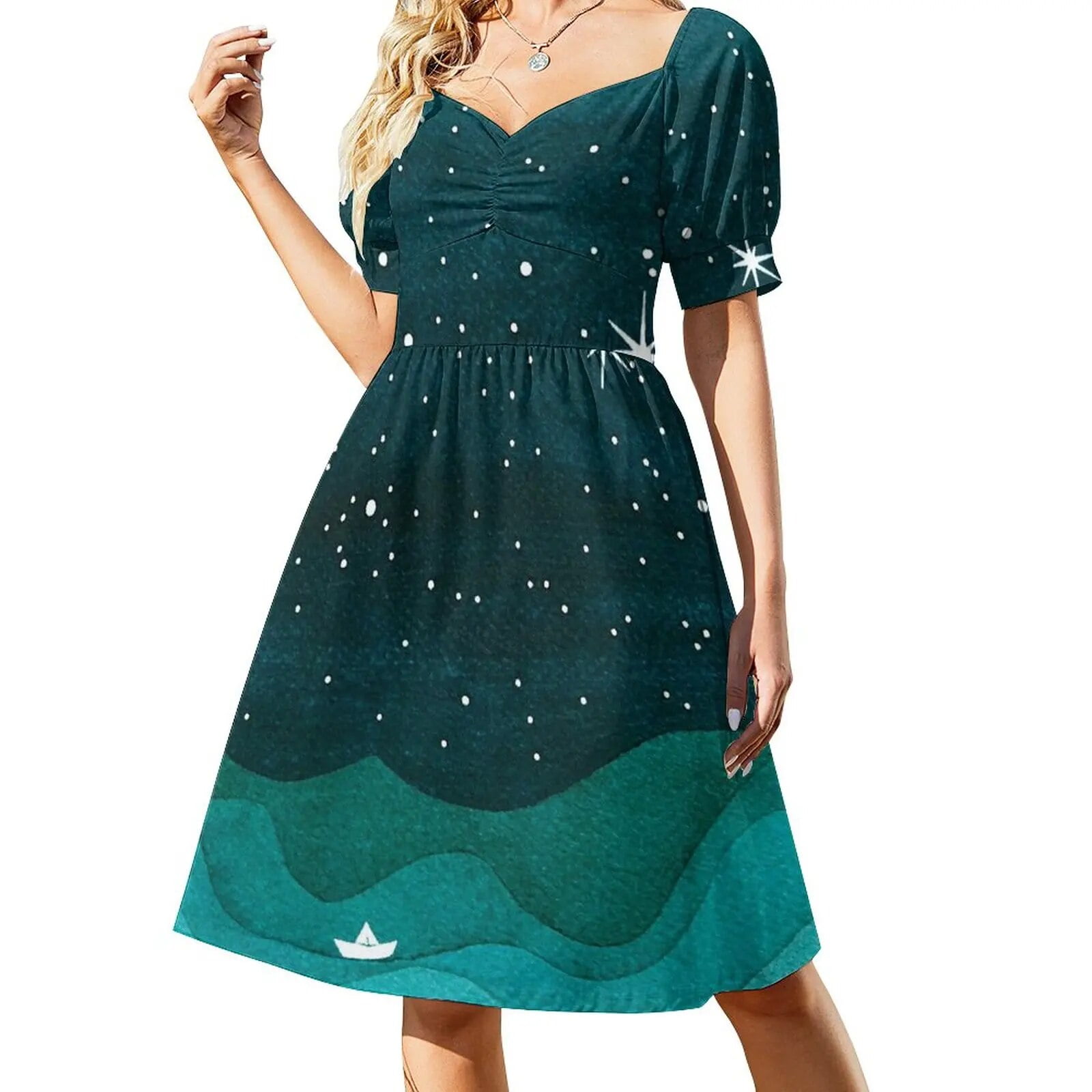 Starry Ocean teal sailboat watercolor sea waves night Dress dress ...