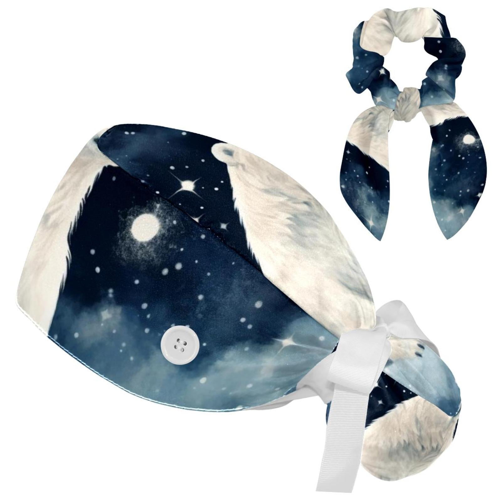 Starry Polar Bear Scrub Caps with Buttons Women Working Cap Adjustable ...