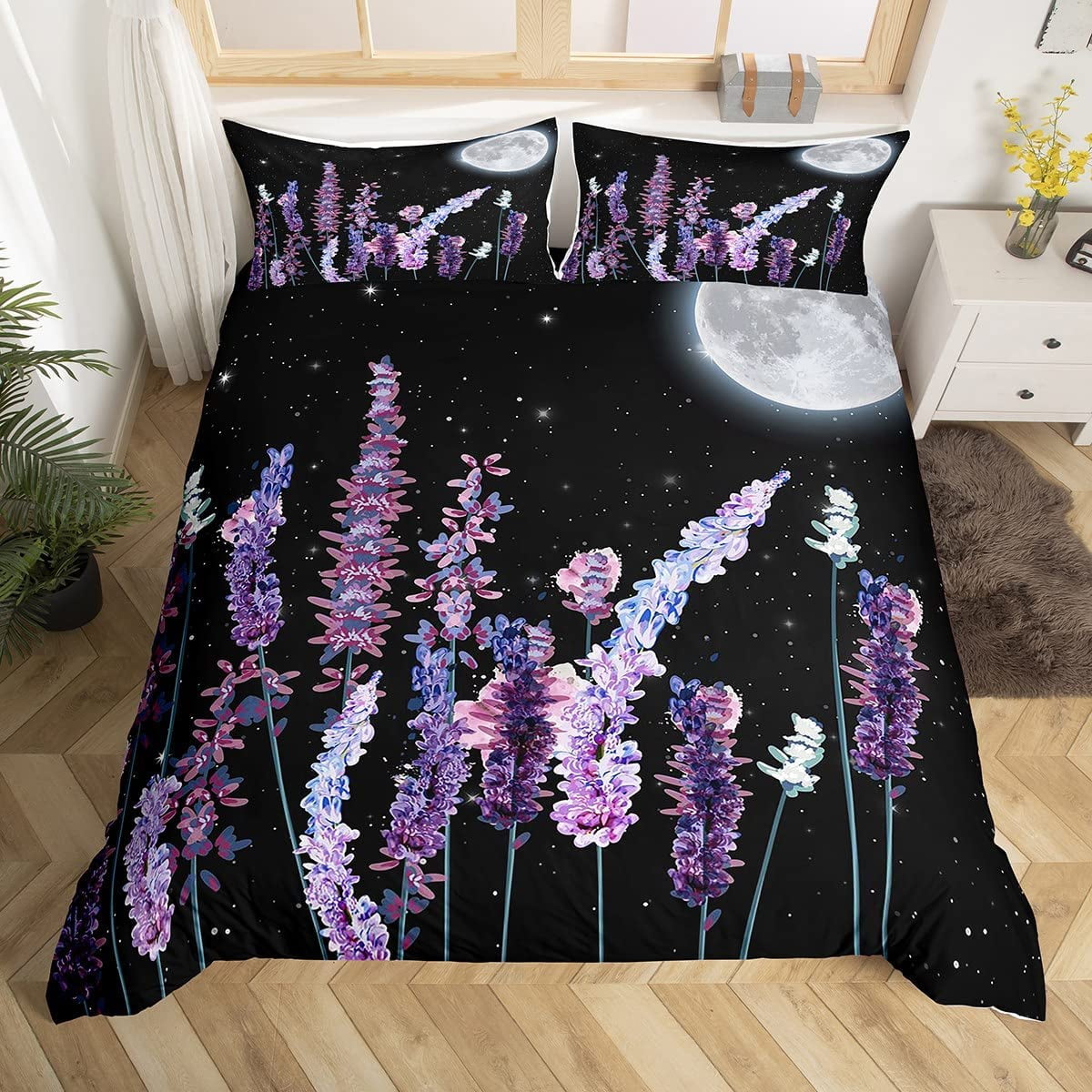 Starry Sky Bedding Set,Stars Moon Comforter Cover,Purple Flower Floral ...