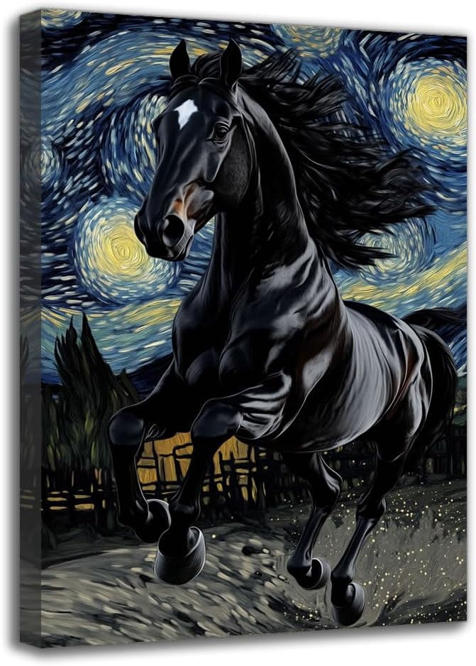 Starry Sky and Black Horse Canvas Wall Art Print - Framed Fascinating ...