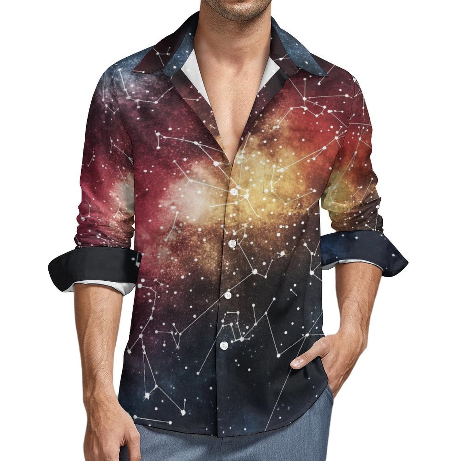 Starry Sky Constellation Galaxy Hawaiian Shirt for Men Long Sleeve ...