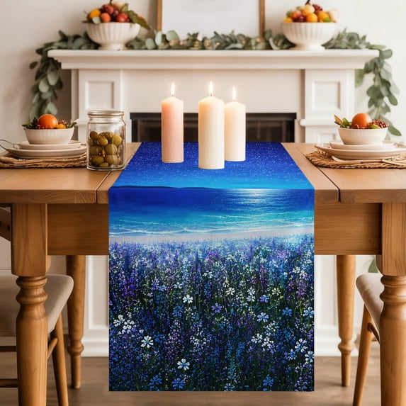 Starry Sky Dining Table Runner, Beach Night Floral Wildflower Field ...