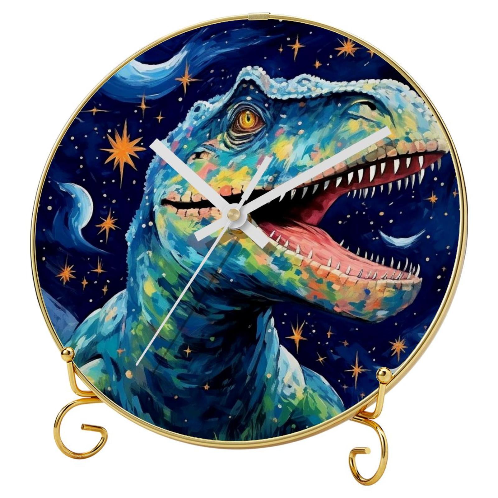 Starry Sky Dinosaur Round Wall Clocks with Hooks and Gold Stand, Silent ...