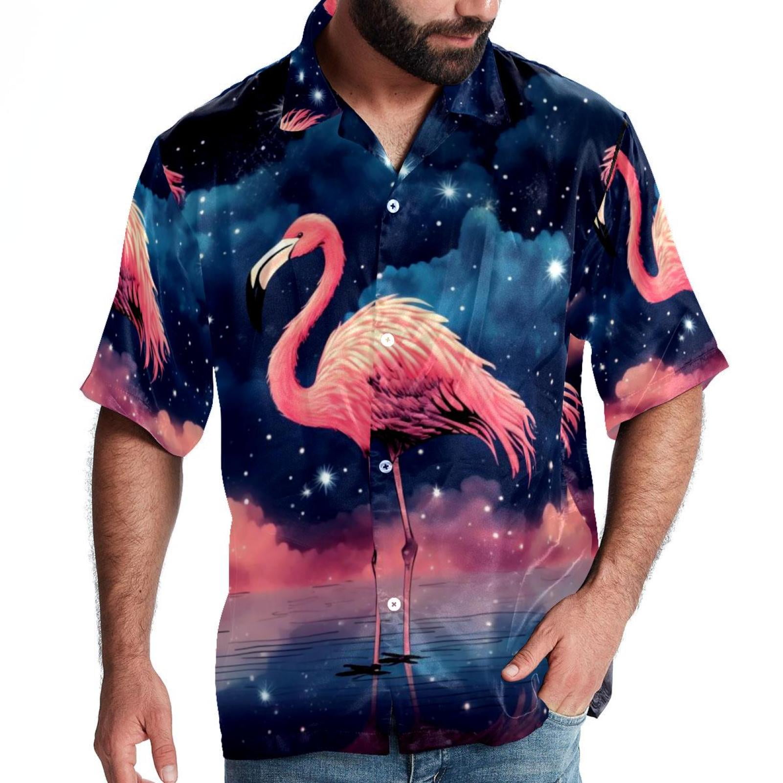 Starry Sky Flamingo Men's Short Sleeve Casual Printed Button Down Beach ...