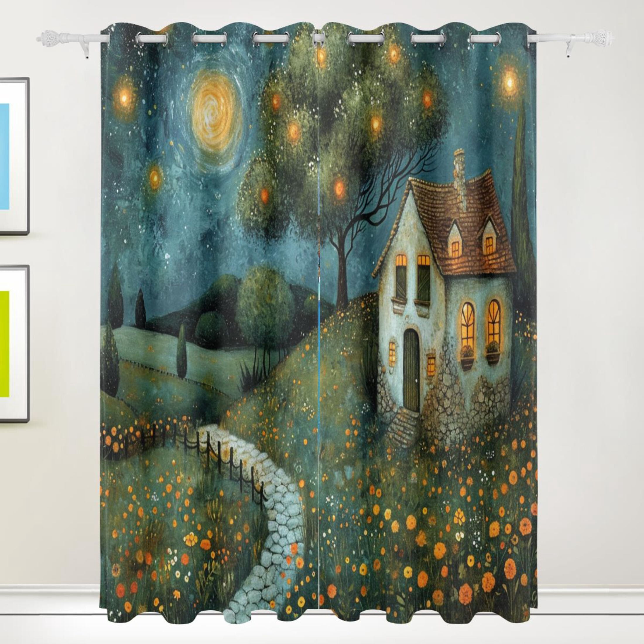Starry Sky House Tree Moon Blackout Curtains 2 Panels Set Grommet ...