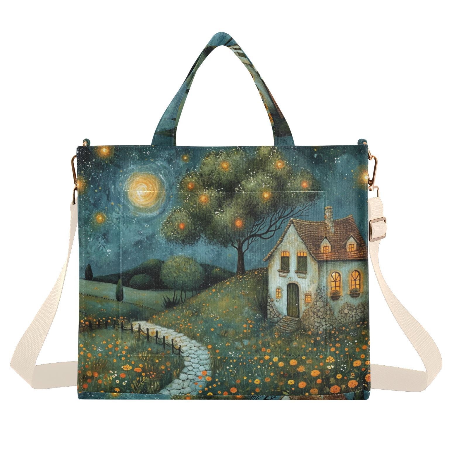 Starry Sky House Trees Gland Corduroy Tote Bag Handbag Large Messenger ...