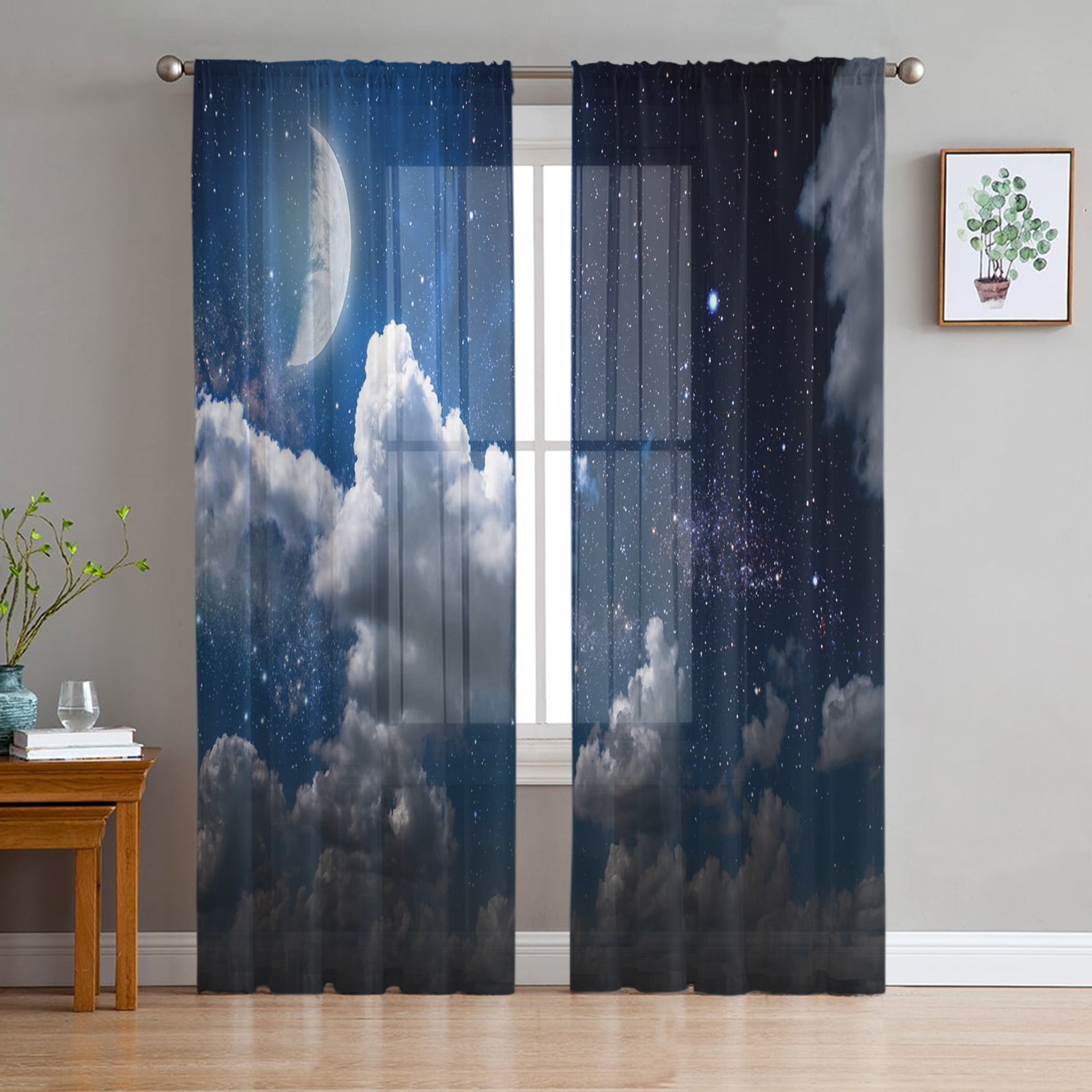 Starry Sky Moon Stars Beautiful Trees Tulle Curtains for Living Room ...