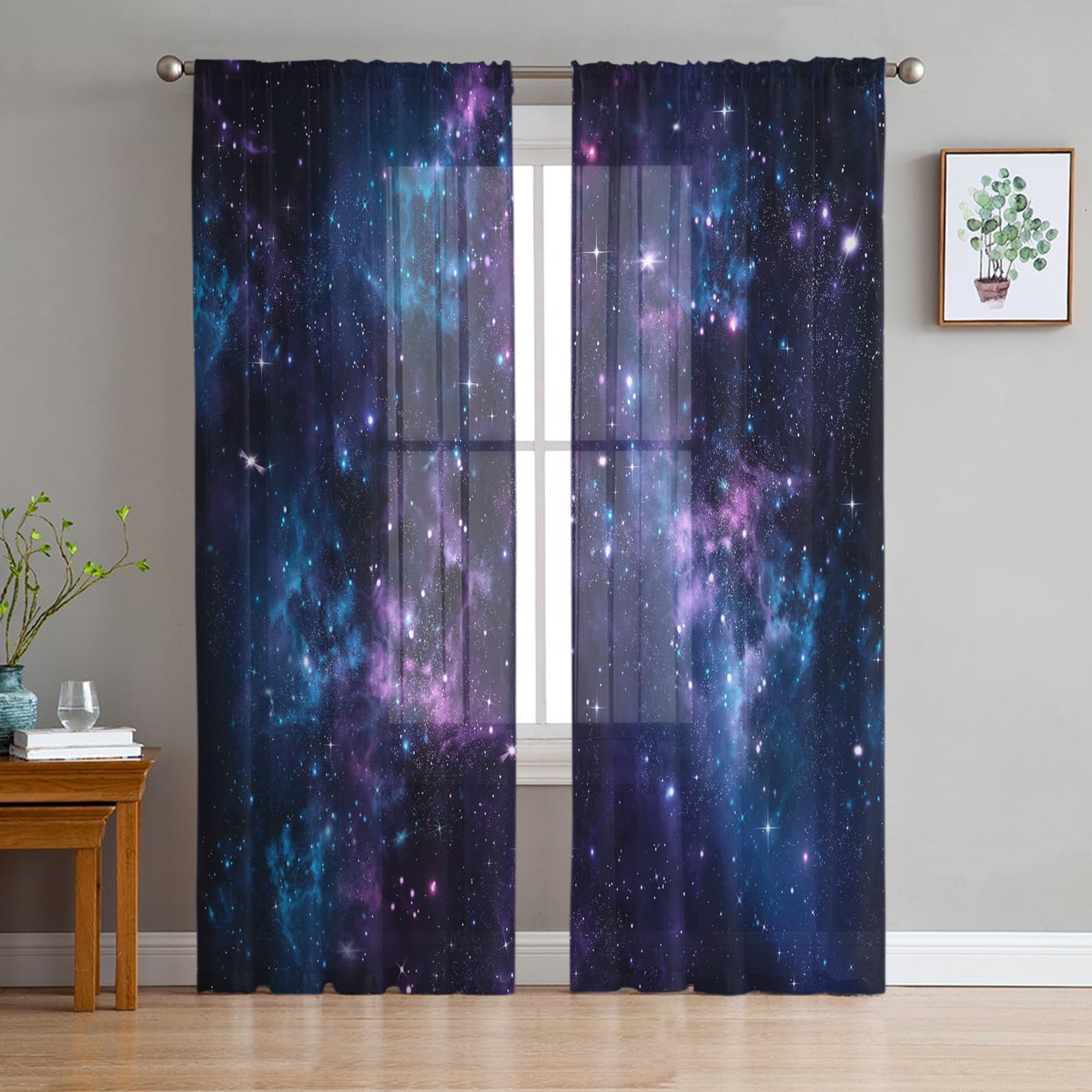 Starry Sky Moon Stars Beautiful Trees Tulle Curtains for Living Room ...