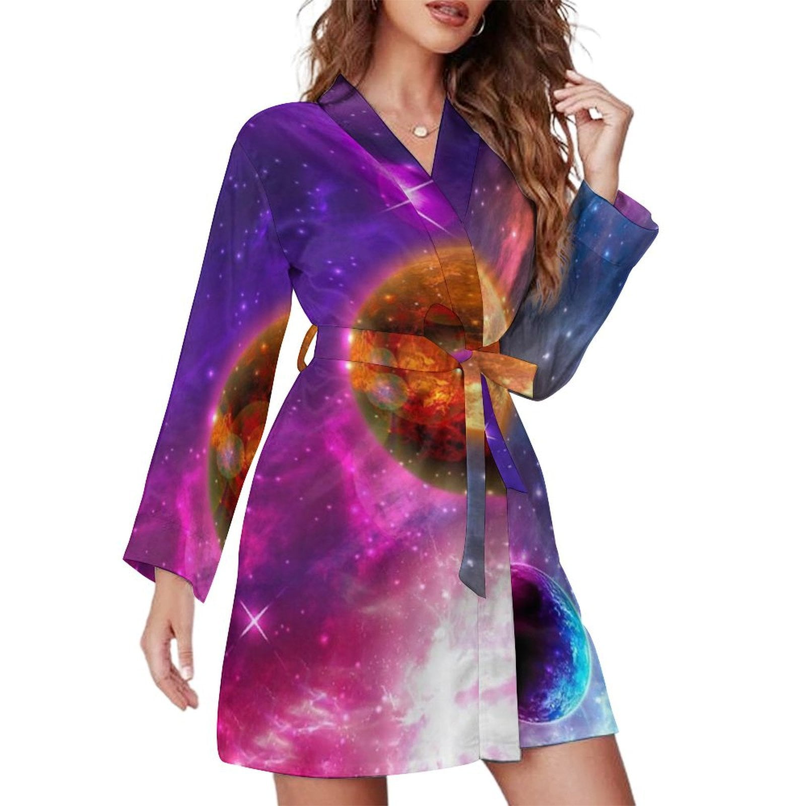 Starry Sky Planet Night Robe Long Sleeve V Neck Robe With Belt Women's ...
