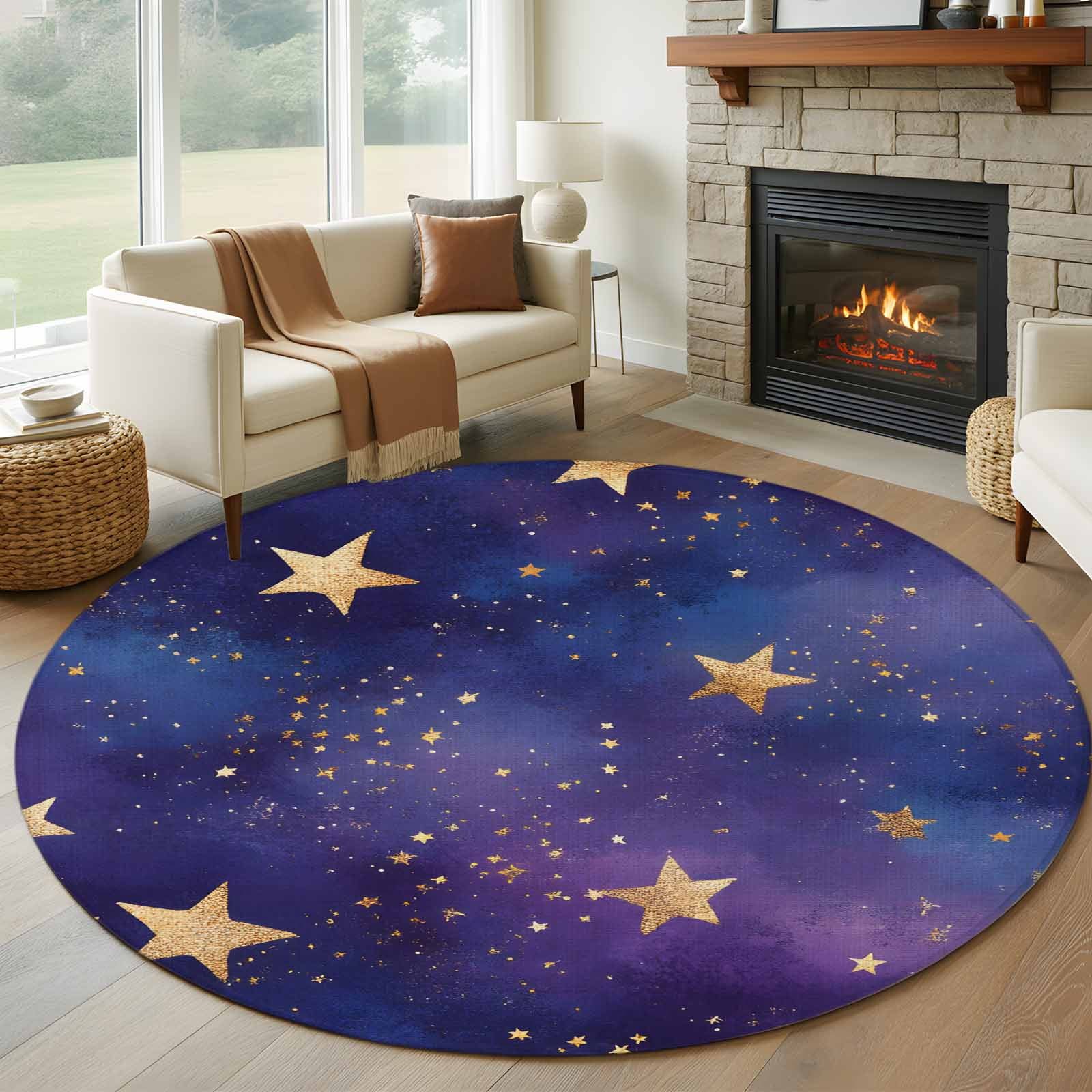 Starry Sky Star Round Area Rug 6 FT, Non Slip Bedroom Rugs, Yellow ...