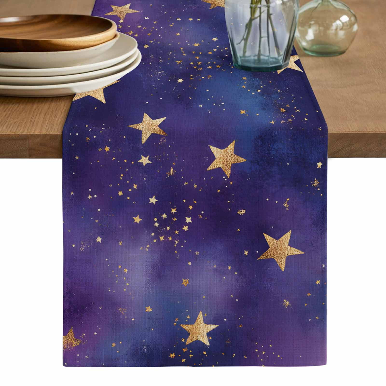 Starry Sky Star Table Runner, Yellow Purple Stars Washable Cotton Linen ...