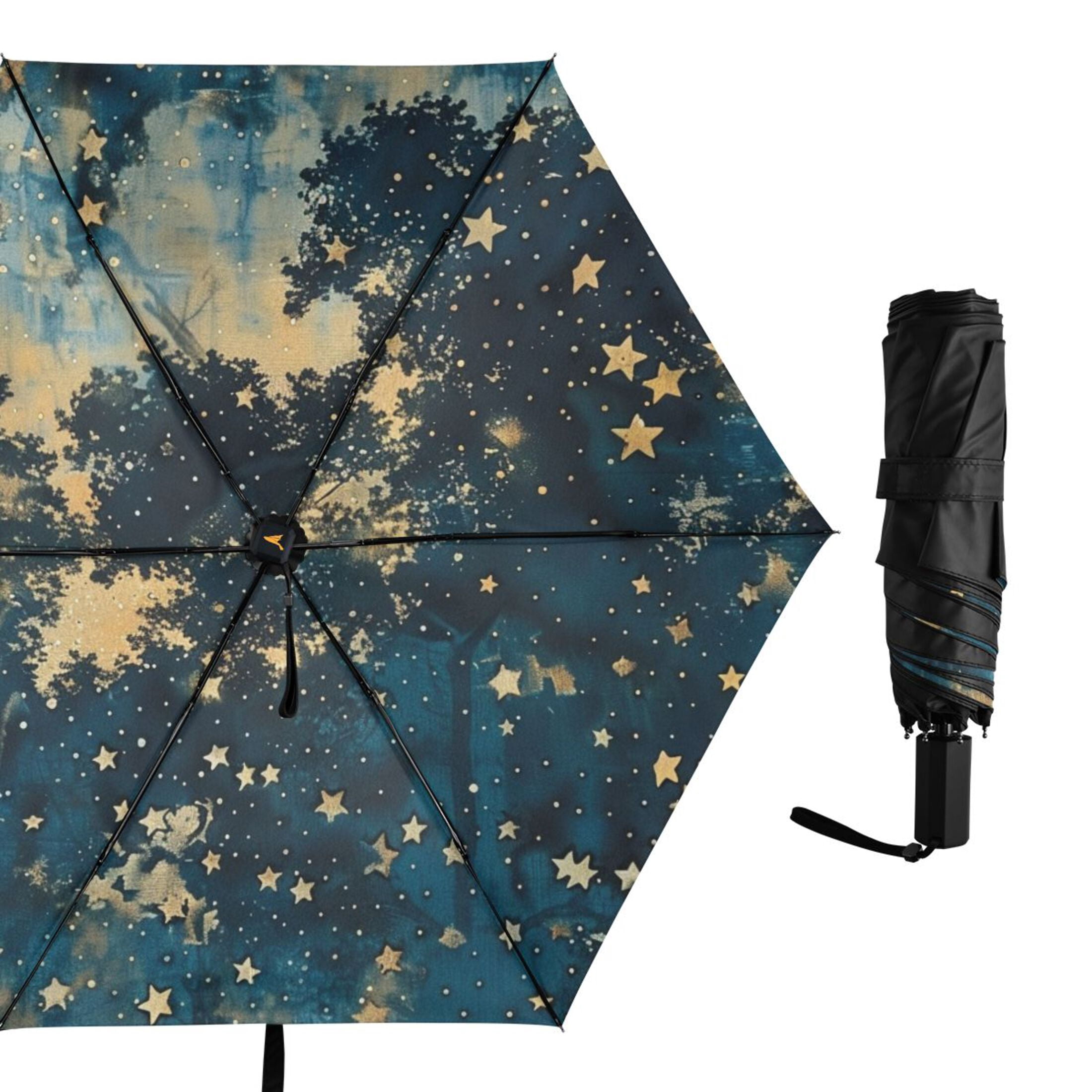 Starry Sky Stars Night Forest Triple Folding Umbrella Parasol 6 Ribs UV ...
