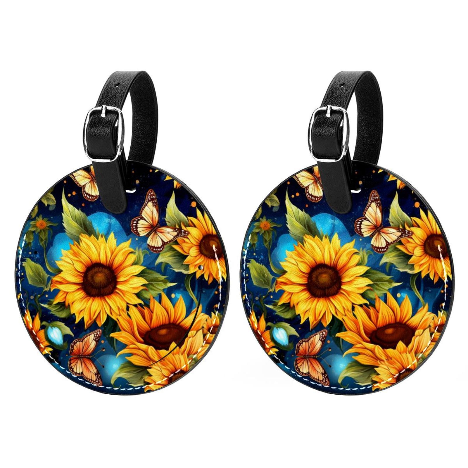 Starry Sky Sunflower Butterfly 2Pcs PU Leather Round Luggage Tags with ...