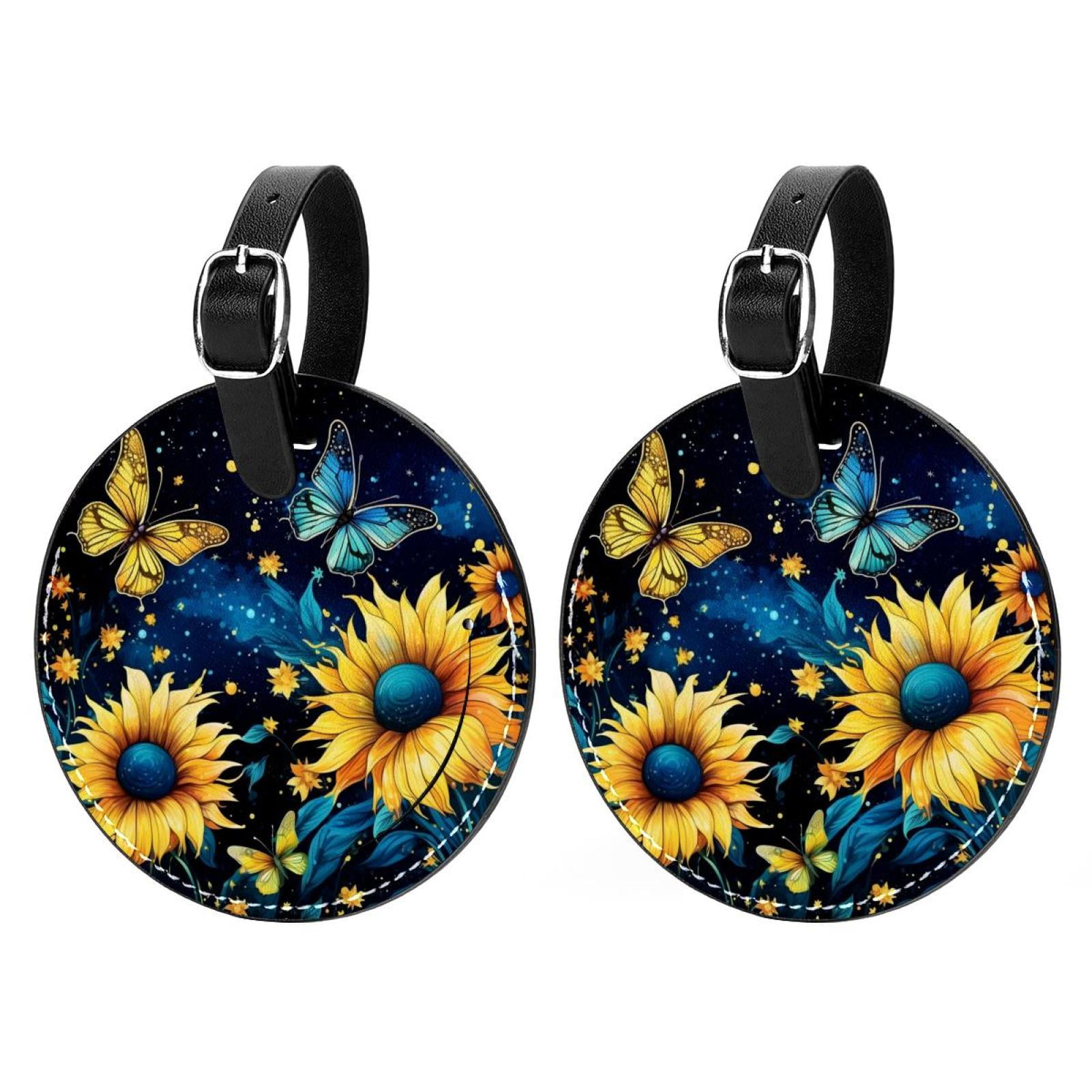 Starry Sky Sunflower Butterfly 2Pcs PU Leather Round Luggage Tags with ...