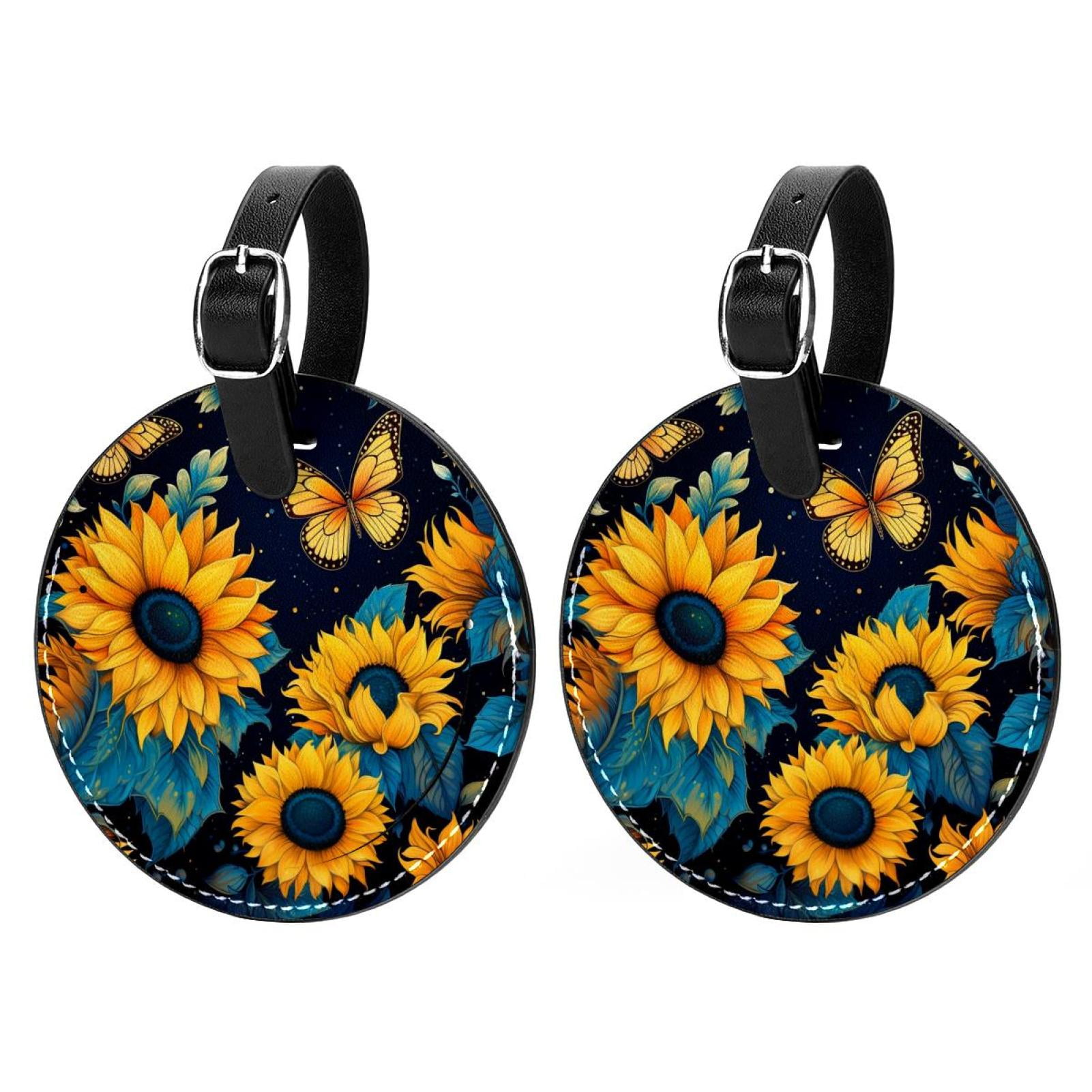 Starry Sky Sunflower Butterfly 2Pcs PU Leather Round Luggage Tags with ...