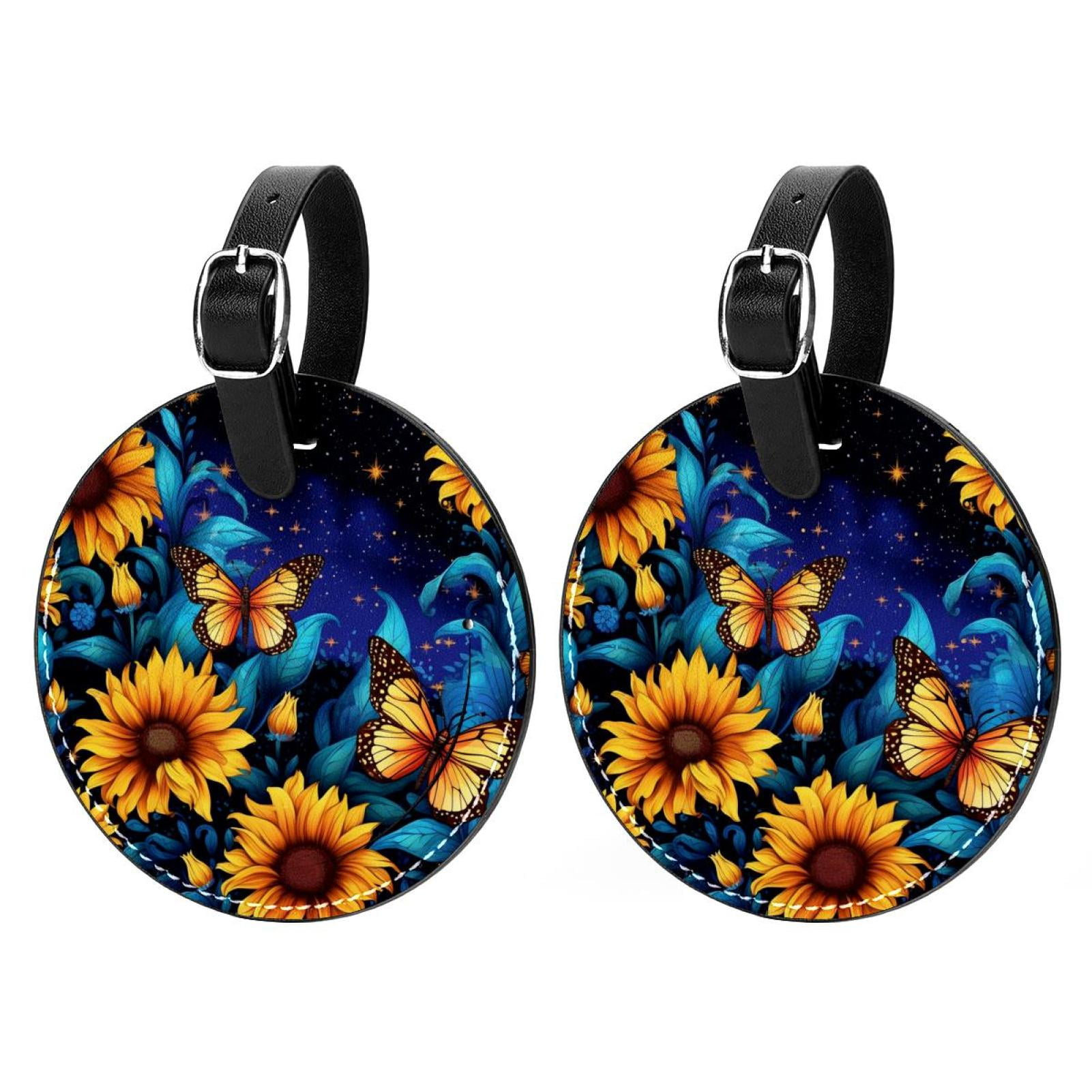 Starry Sky Sunflower Butterfly 2Pcs PU Leather Round Luggage Tags with ...