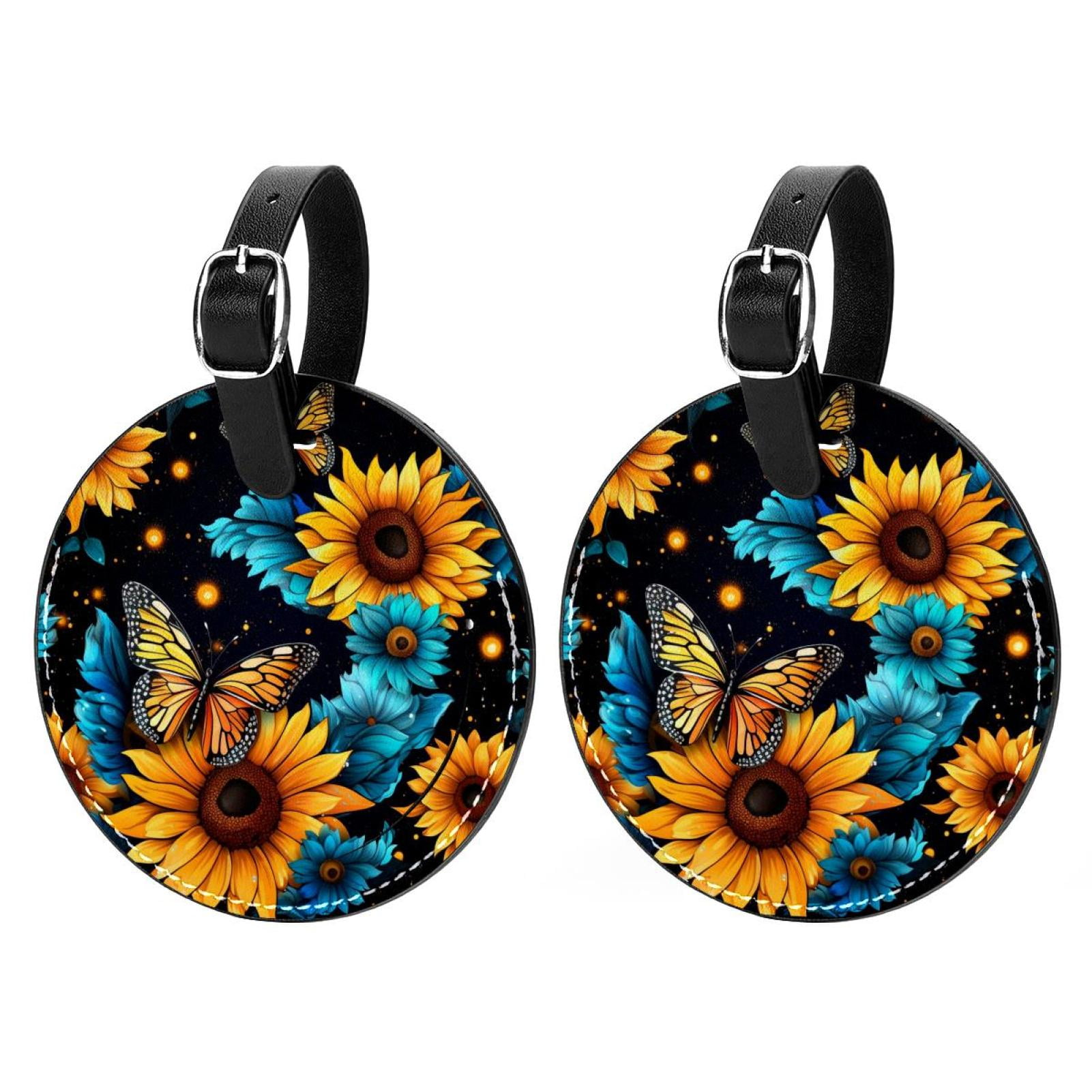 Starry Sky Sunflower Butterfly 2pcs PU Leather Round Bag Tags with ...