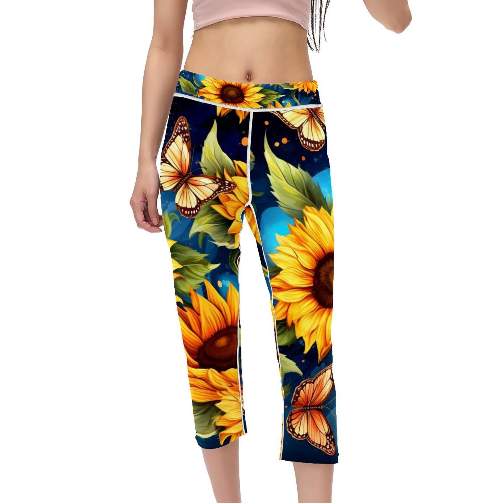 Starry Sky Sunflower Butterfly High Waist Capris Gym Leggings Yoga ...