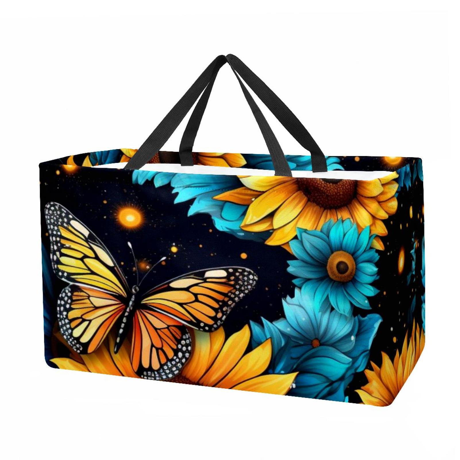 Starry Sky Sunflower Butterfly Large Capacity Reusable Foldable Grocery Baskets with Storage Bag ...