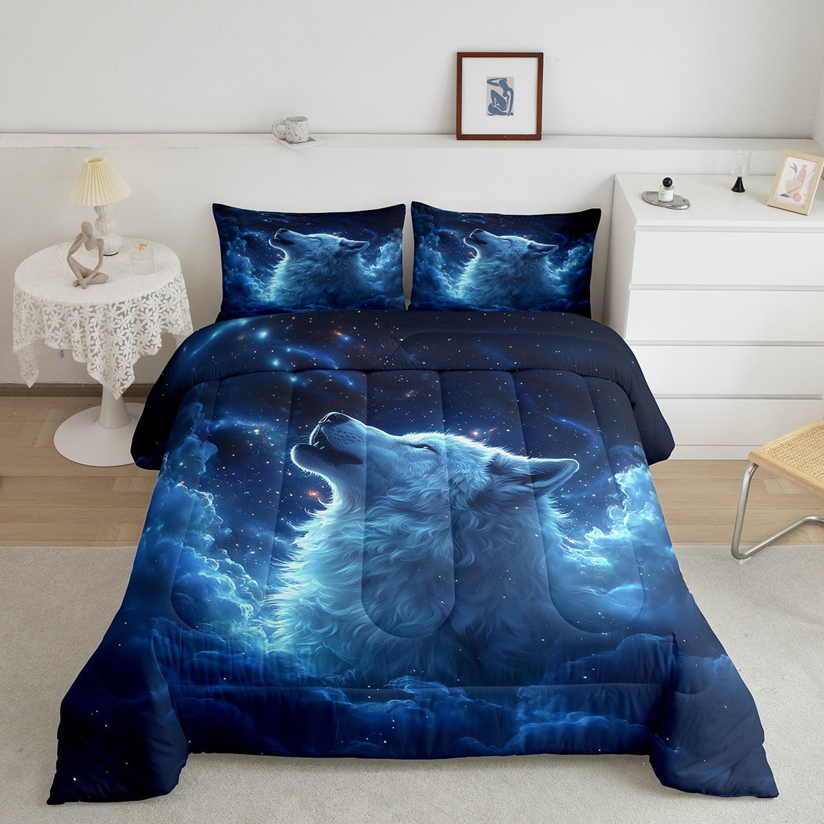 Starry Sky Wolf Comforter Set Full Size,Howling Wolf Bedding Sets 3Pcs ...