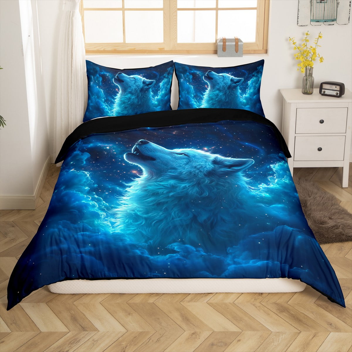 Starry Sky Wolf Duvet Cover Set Twin Size,Howling Wolf Bedding Sets ...