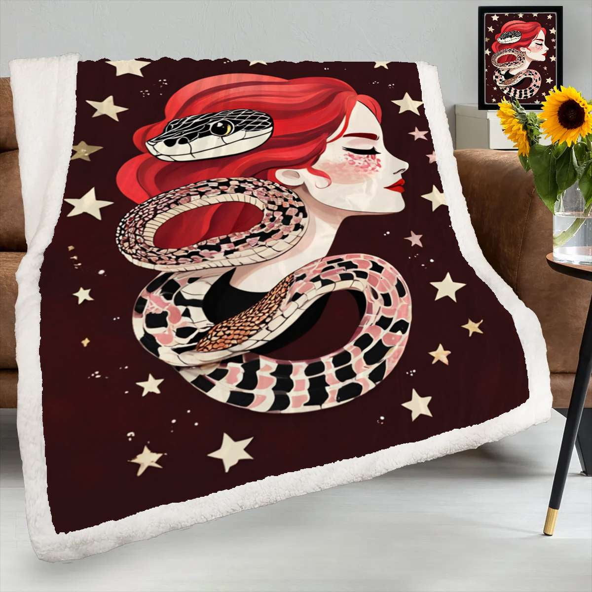 Starry Snake Print Sherpa Blanket Throw Blanket For Bed Chair Sofa ...
