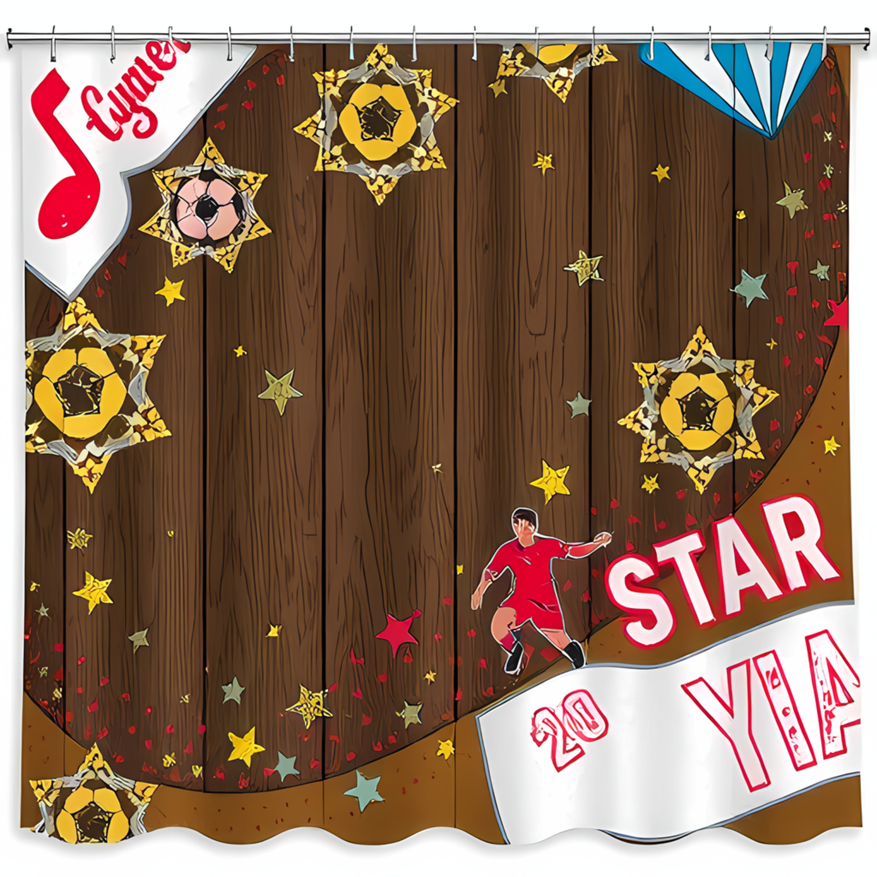 Starry Soccer Shower Curtain - Wooden Background with Yellow & White ...