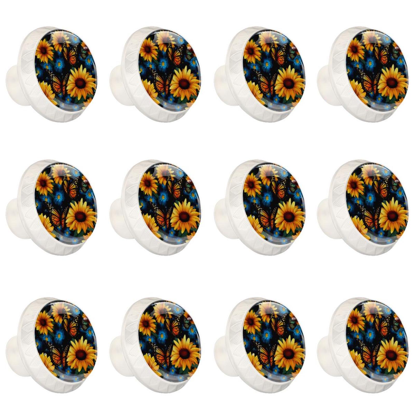 Starry Sunflower Butterfly 12 Pcs White Round Drawer Pulls with Screws,ABS and Glass Cabinet ...