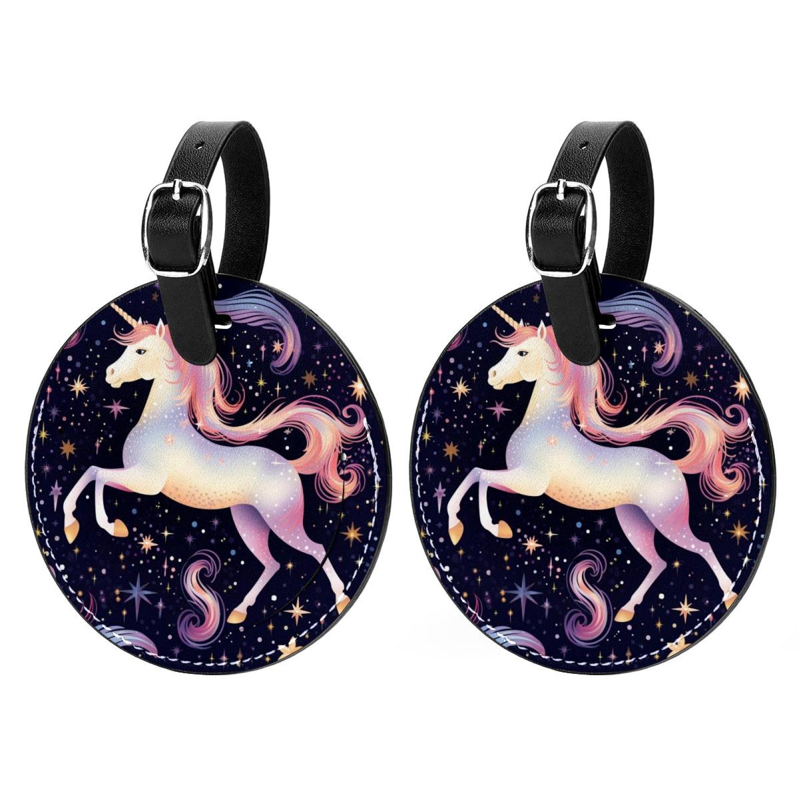 Starry Unicorn 2Pcs PU Leather Round Luggage Tags with Privacy Cover ...