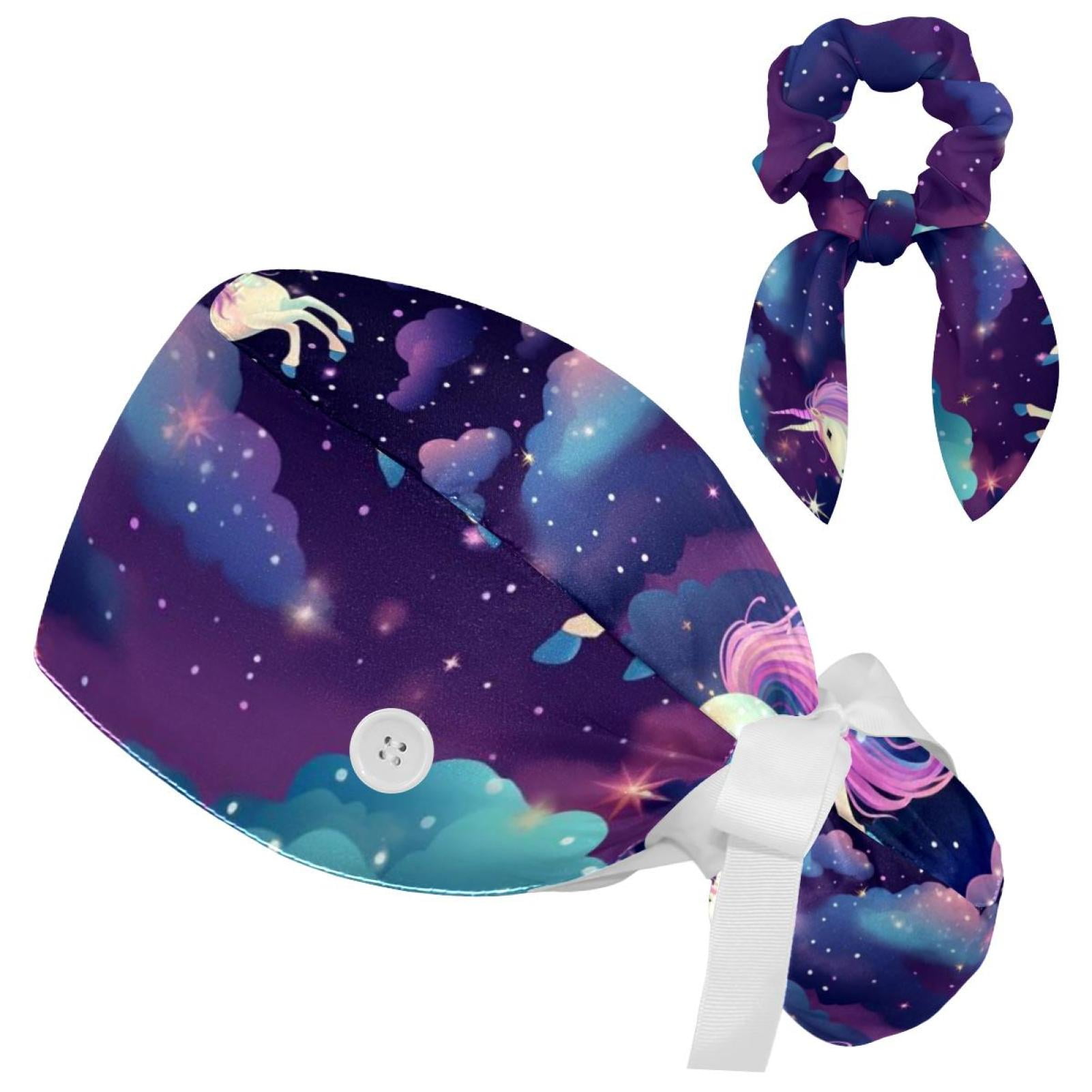 Starry Unicorn Scrub Cap with Scrunchy and Buttons for Long Hair ...