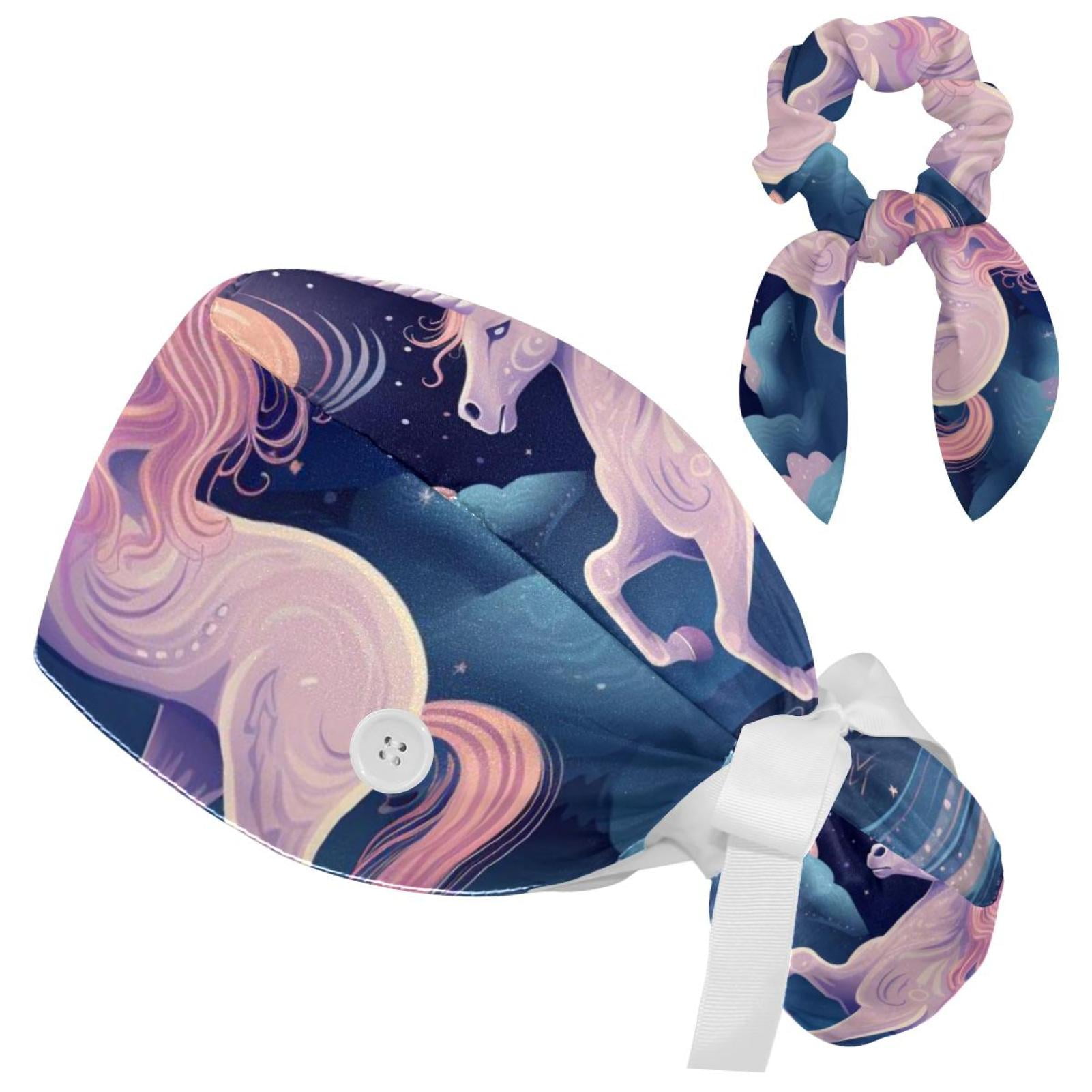 Starry Unicorn Surgical Cap with Buttons/ Bow Hair Scrunchy for Long ...