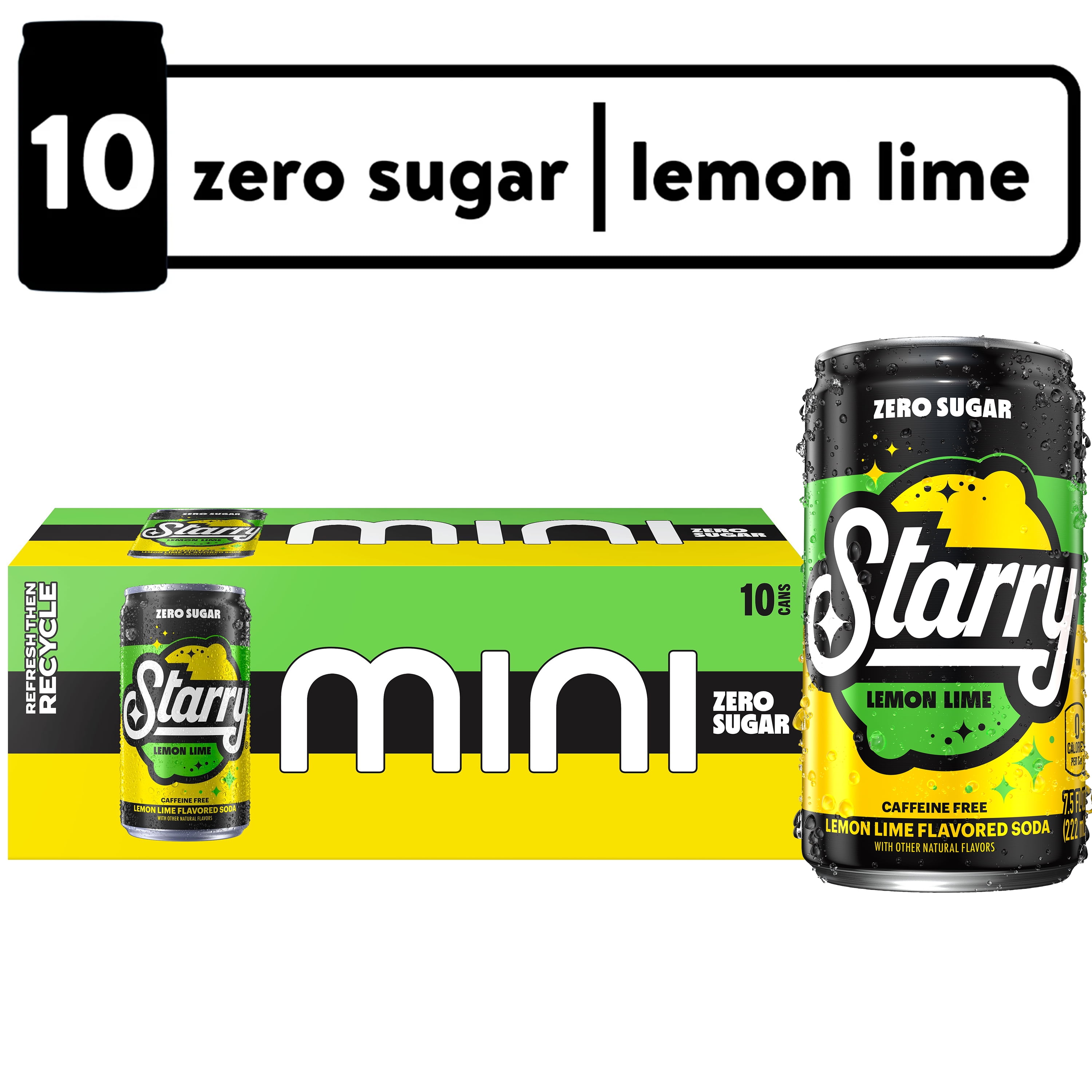 Starry Zero Sugar Lemon Lime Soda Pop, 7.5 fl oz, 10 Pack Mini Cans ...