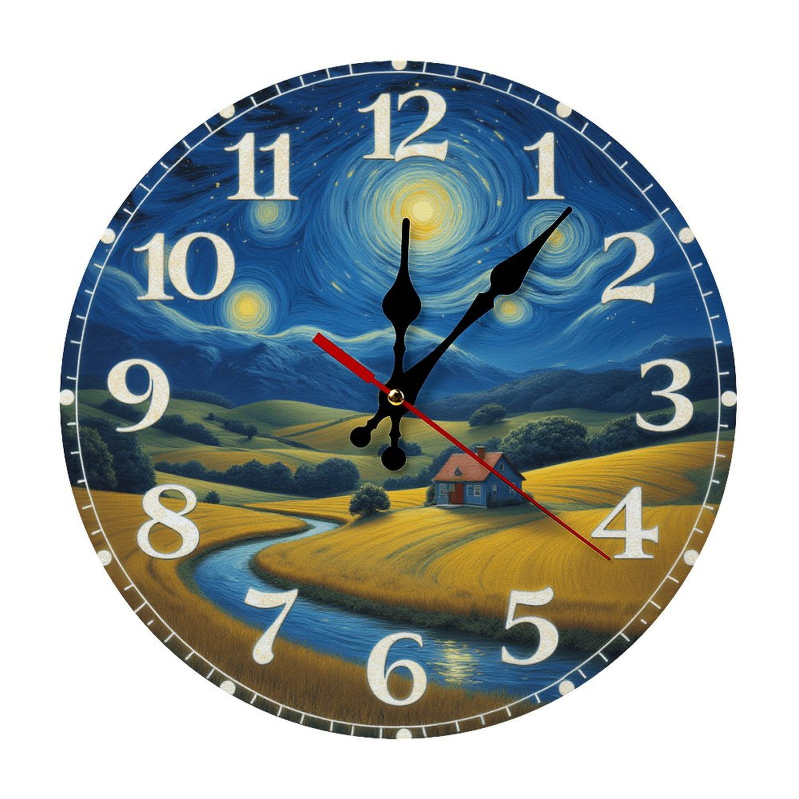 Starry night over a rural landscape, with black numbers. 9.8 - inch ...