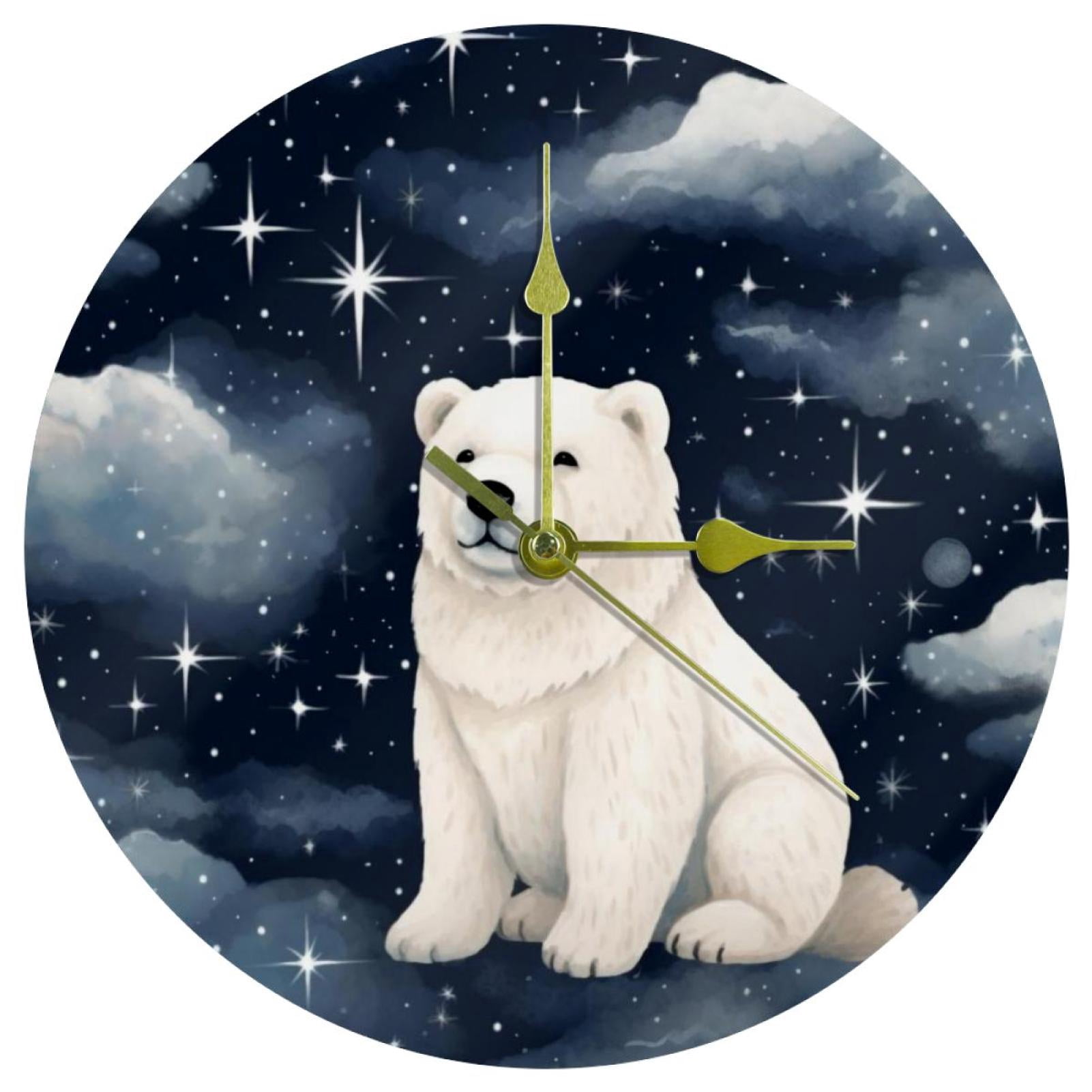 Starry sky polar bear 9.8" Silent Round Acrylic Wall Clock, Non Ticking ...