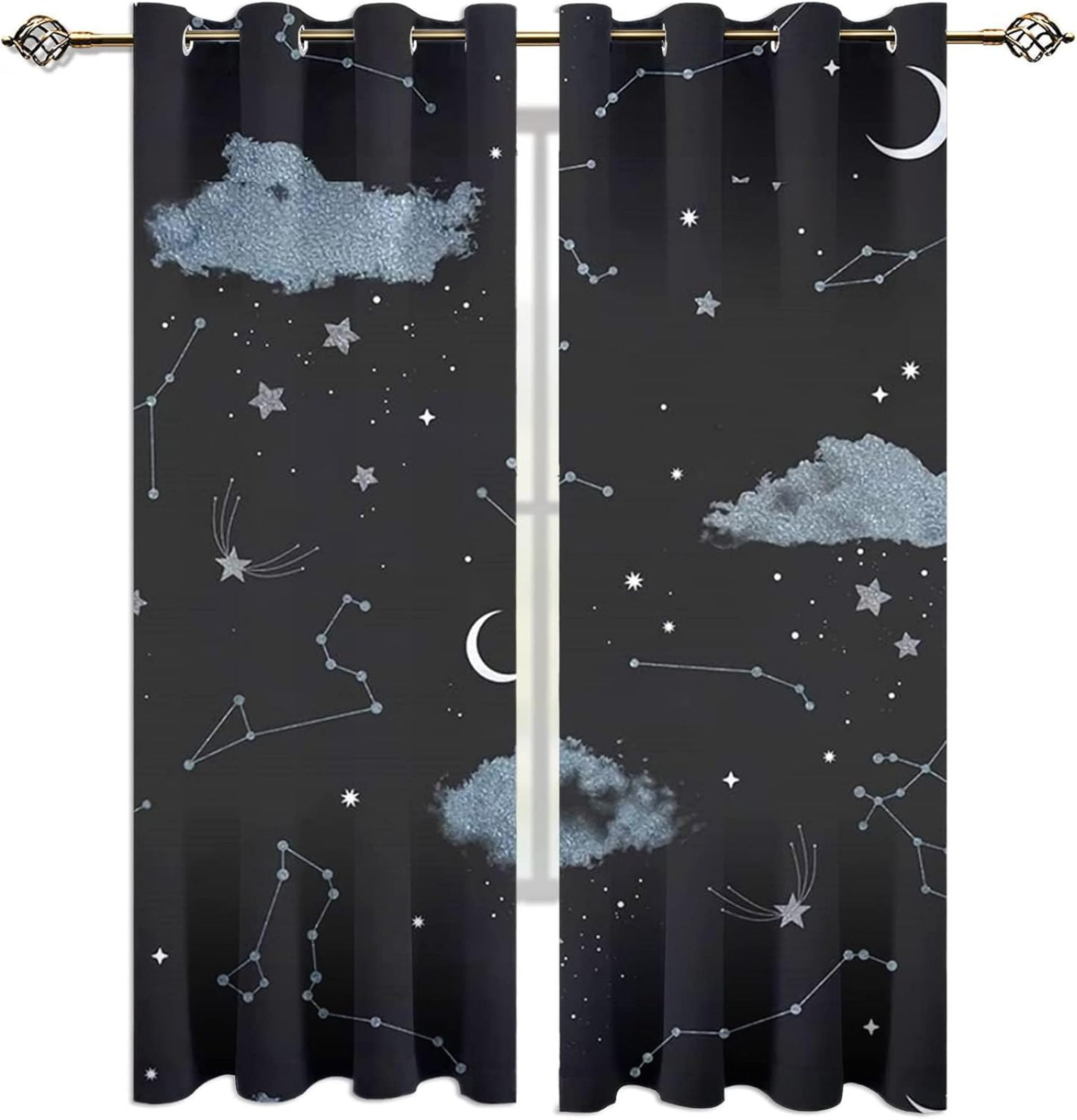 Stars And Moon Thermal Insulated Drapes, White Clouds Blackout Curtains ...