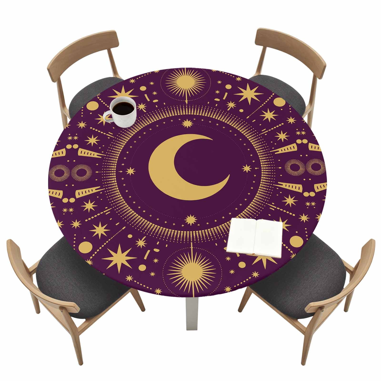 Stars Moon Round Fitted Tablecloth with Elastic Edge Vintage Gorgeous ...