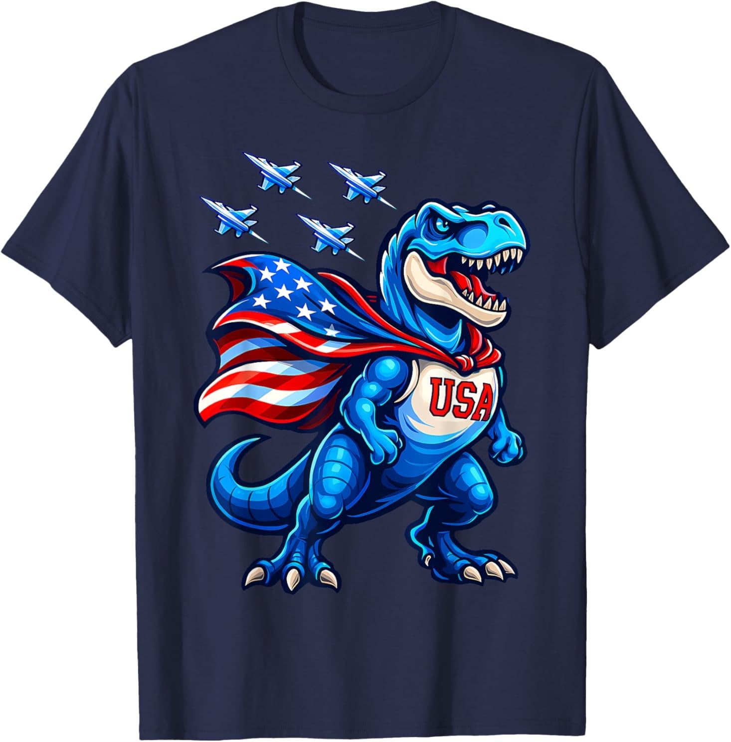 Stars, Stripes & Dino Might – Boys Patriotic T-Shirt with Fighter Jets ...