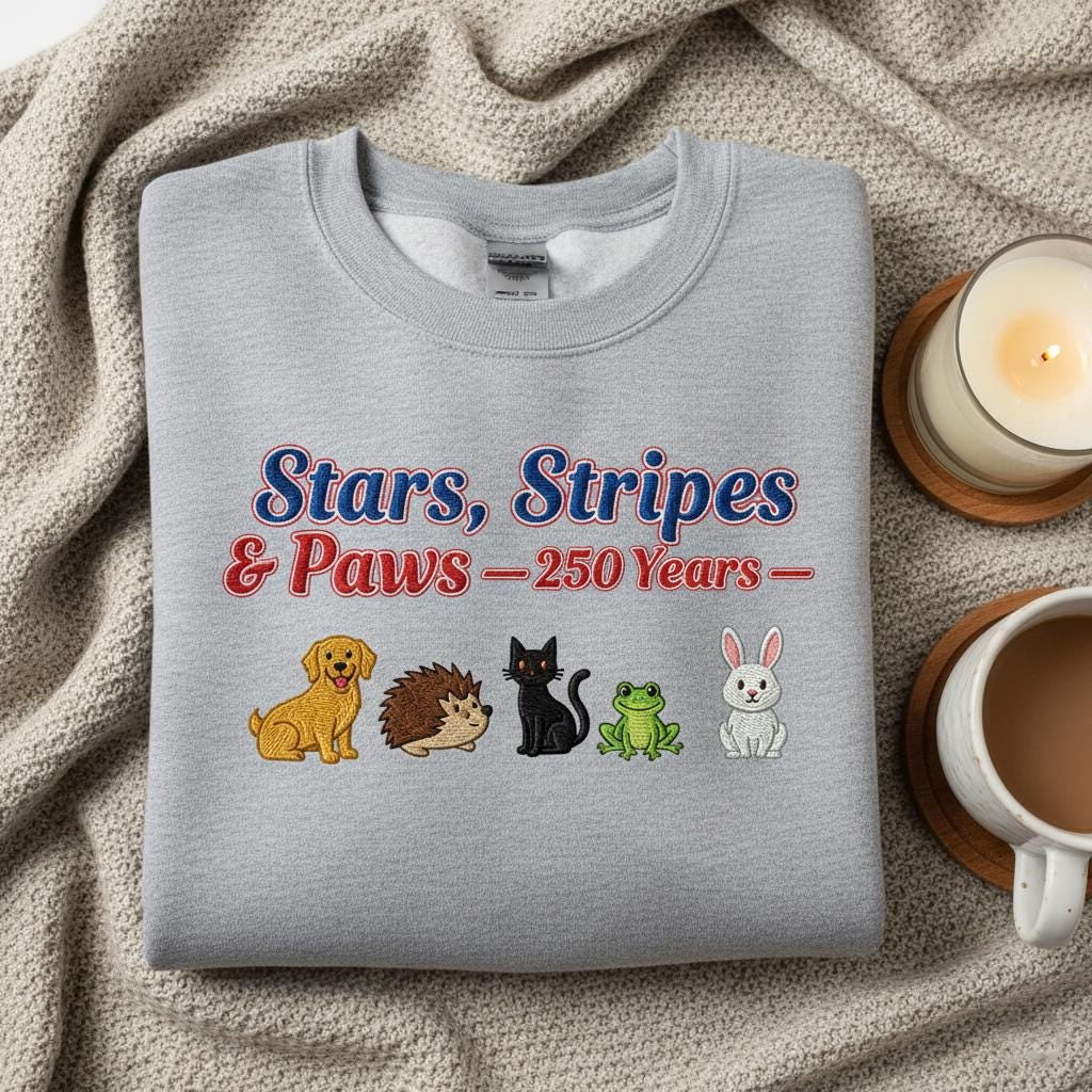 Stars, Stripes & Paws 250 Years embroidered sweatshirt, Patriotic Dog ...