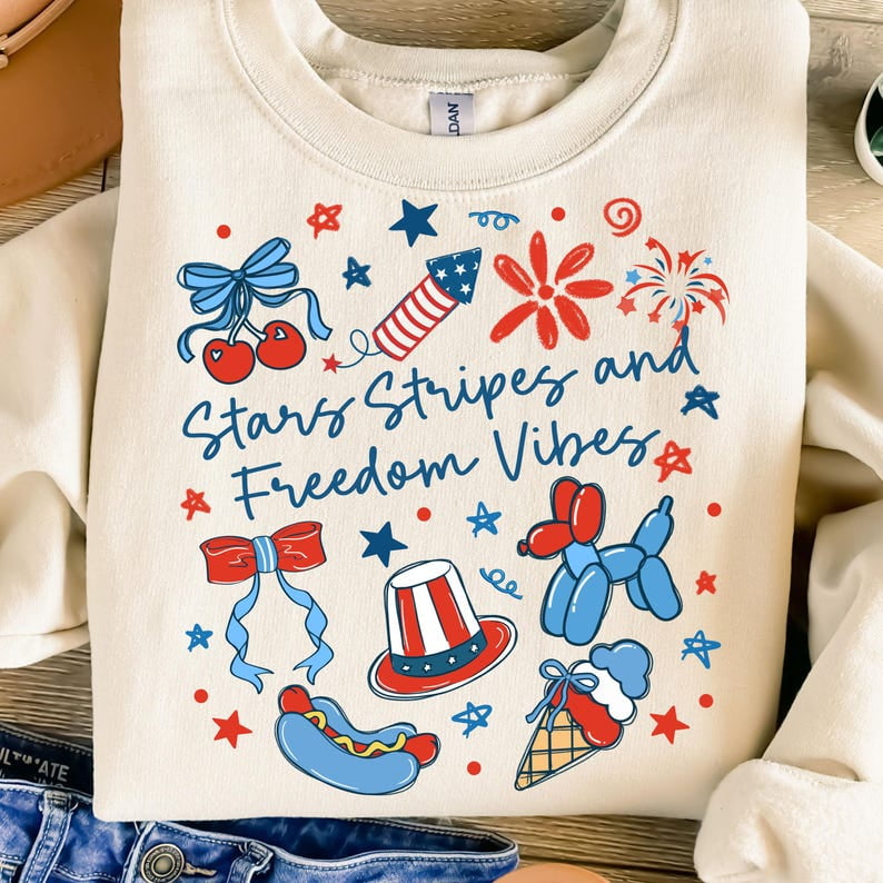 Stars Stripes and Freedom Vibes Sweatshirt, Retro Patriotic Pullover ...